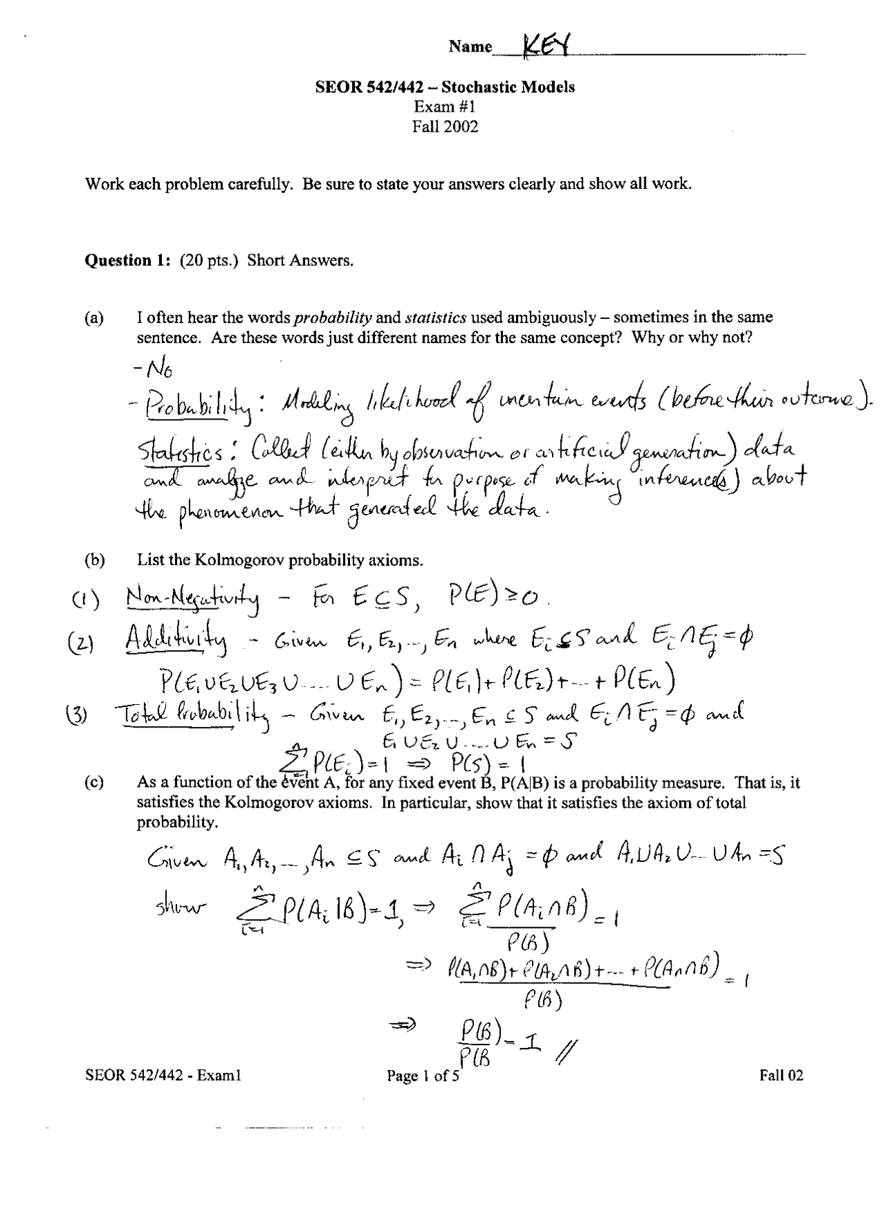 Exam 1 With Answer Key Stochastic Models Or 542 Docsity