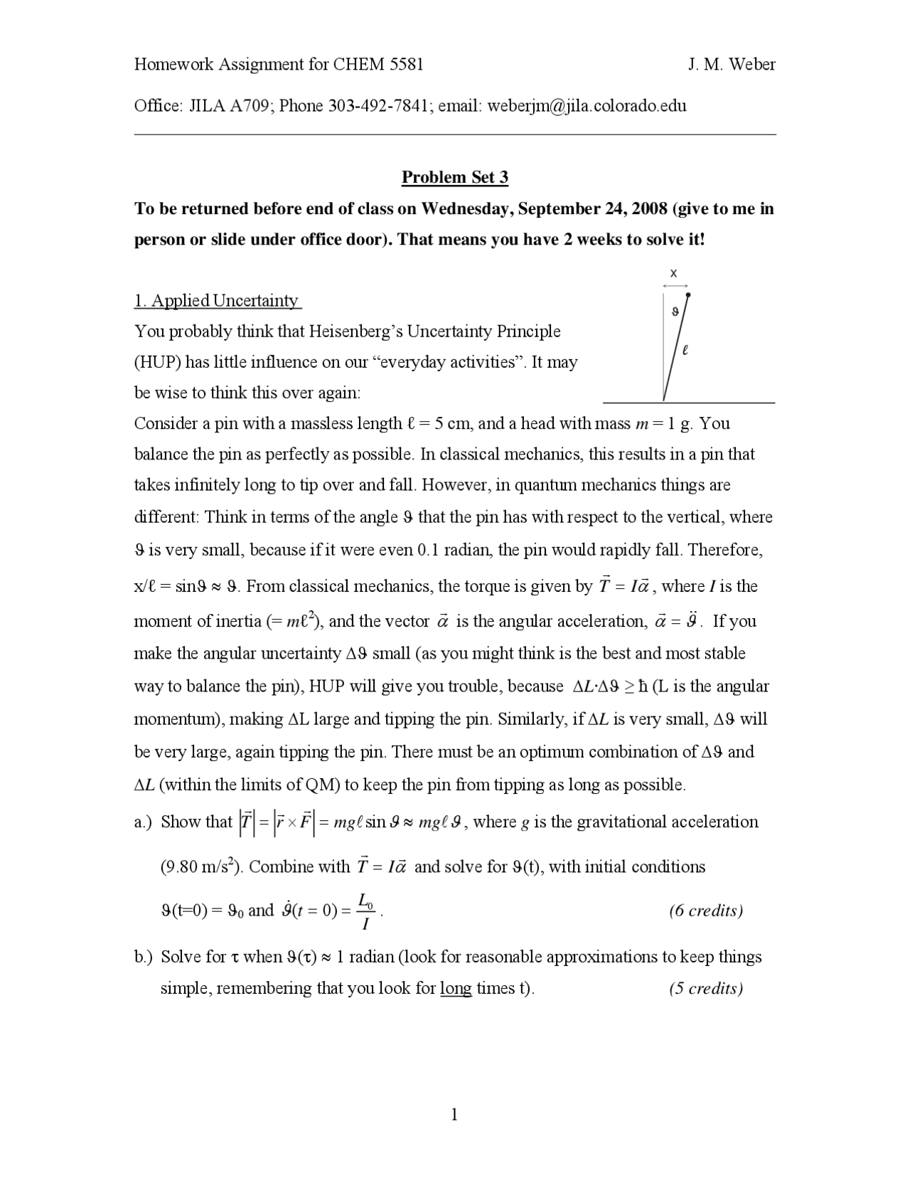 Introductory Quantum Chemistry Problem Set 3 Chem 5581 Docsity