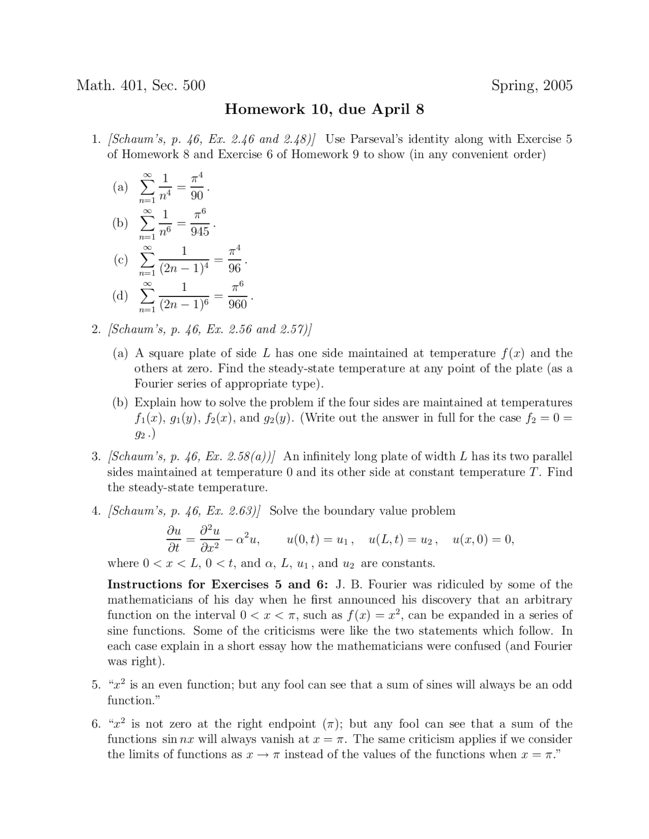 Advanced Engineering Mathematics Assignment 10 Math 401 Docsity