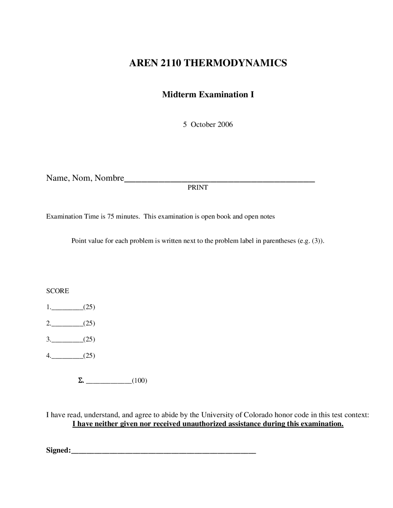 Midterm Exam 1 Questions Thermodynamics Fall 2006 Aren 2110 Docsity