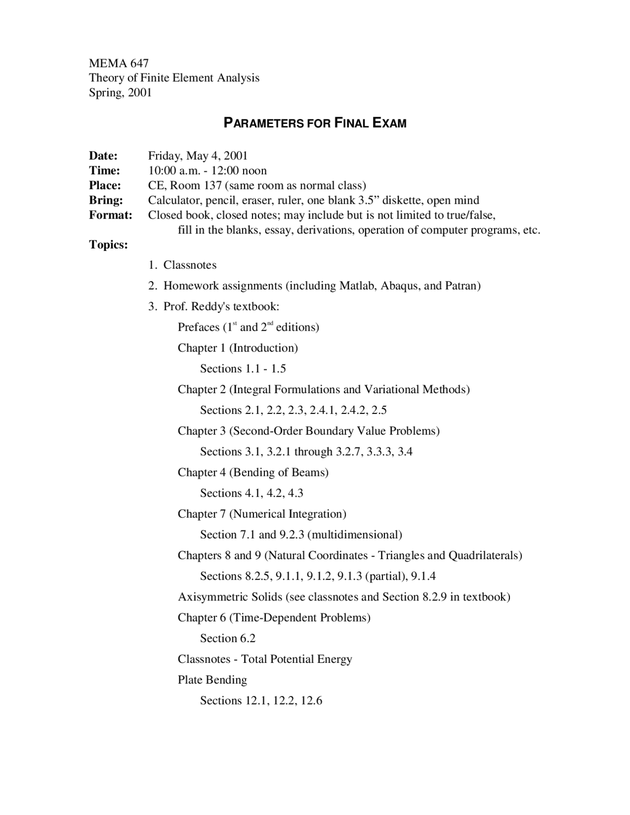 Parameters For Final Exam Theory Of Finite Element Analysis Review Sheet Mema 647 Docsity