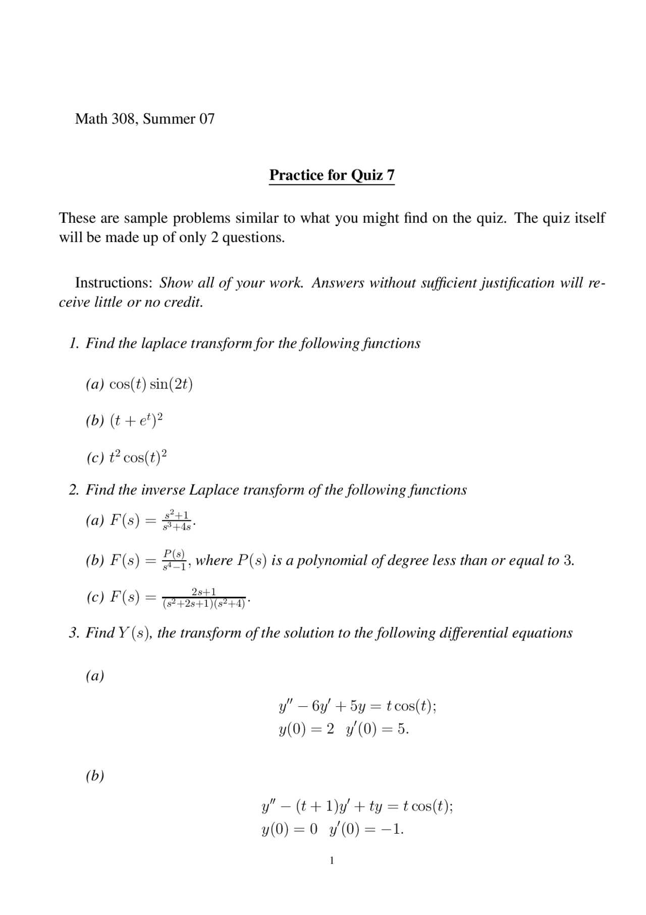 3 Practice Problems of Differential Equations - Quiz 7 | MATH 308 - Docsity