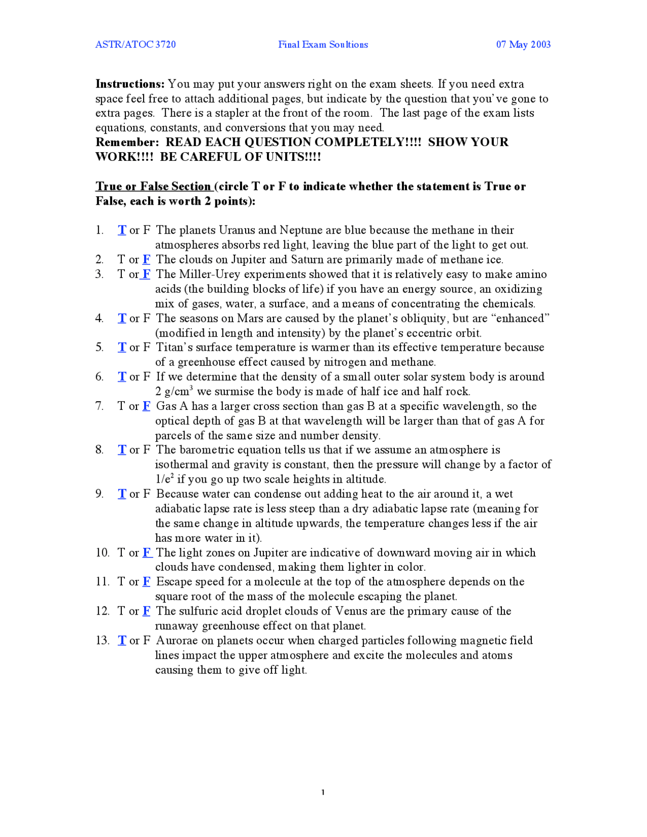 Final Exam Solutions Planets And Their Atmospheres Astr 3720 Docsity