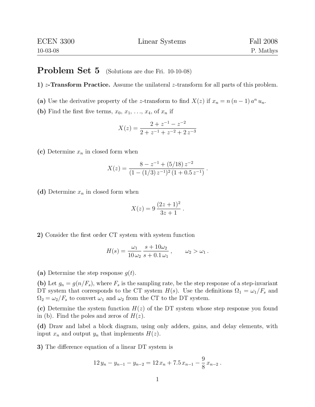 Problem Set 5 Linear Systems Fall 2008 Ecen 3300 Docsity