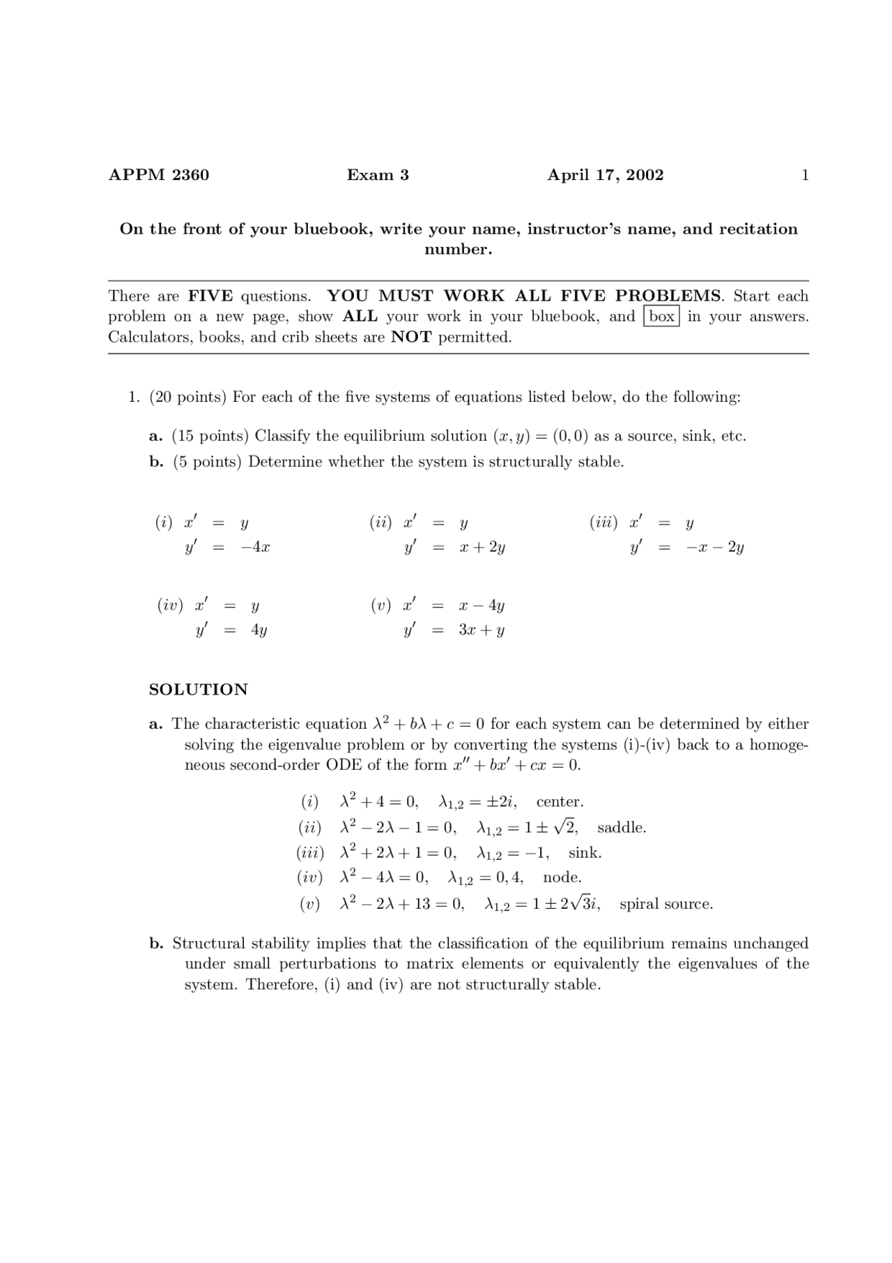 Exam 3 For Introduction To Differential Equations With Linear Algebra