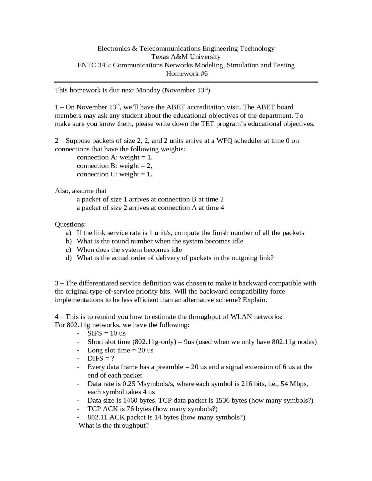 4 Problems On Communication Networks Homework 6 Entc 345 Docsity