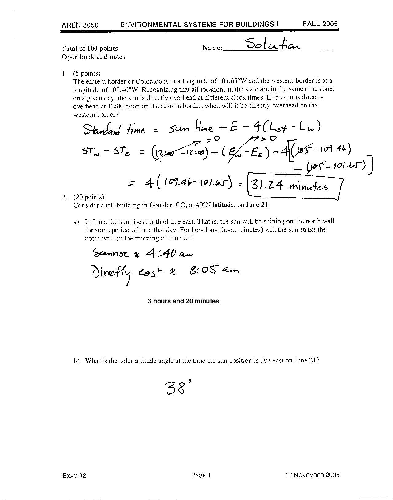 Old Exam With Solutions Environmental Systems For Buildings I Aren