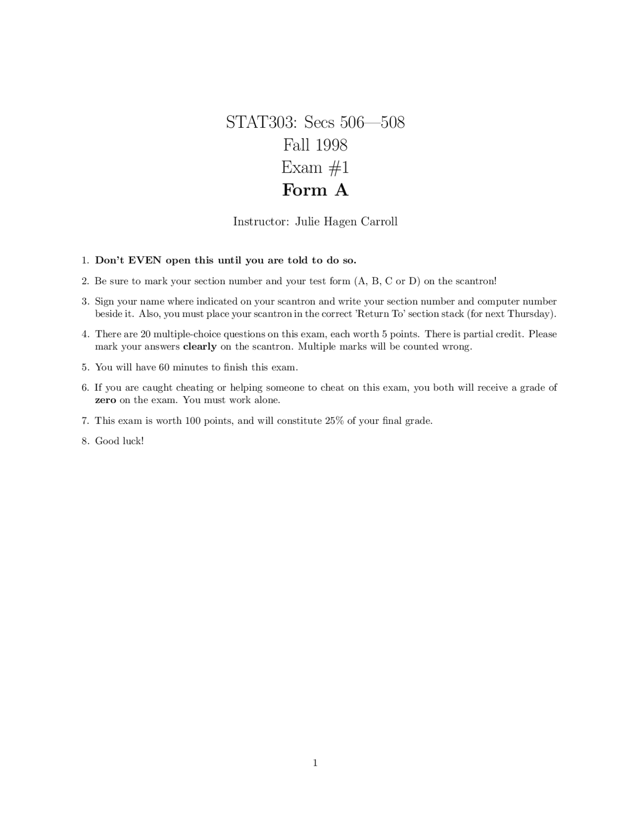 Exam 1 Form A Fall 1998 Statistical Methods Stat 303 Docsity