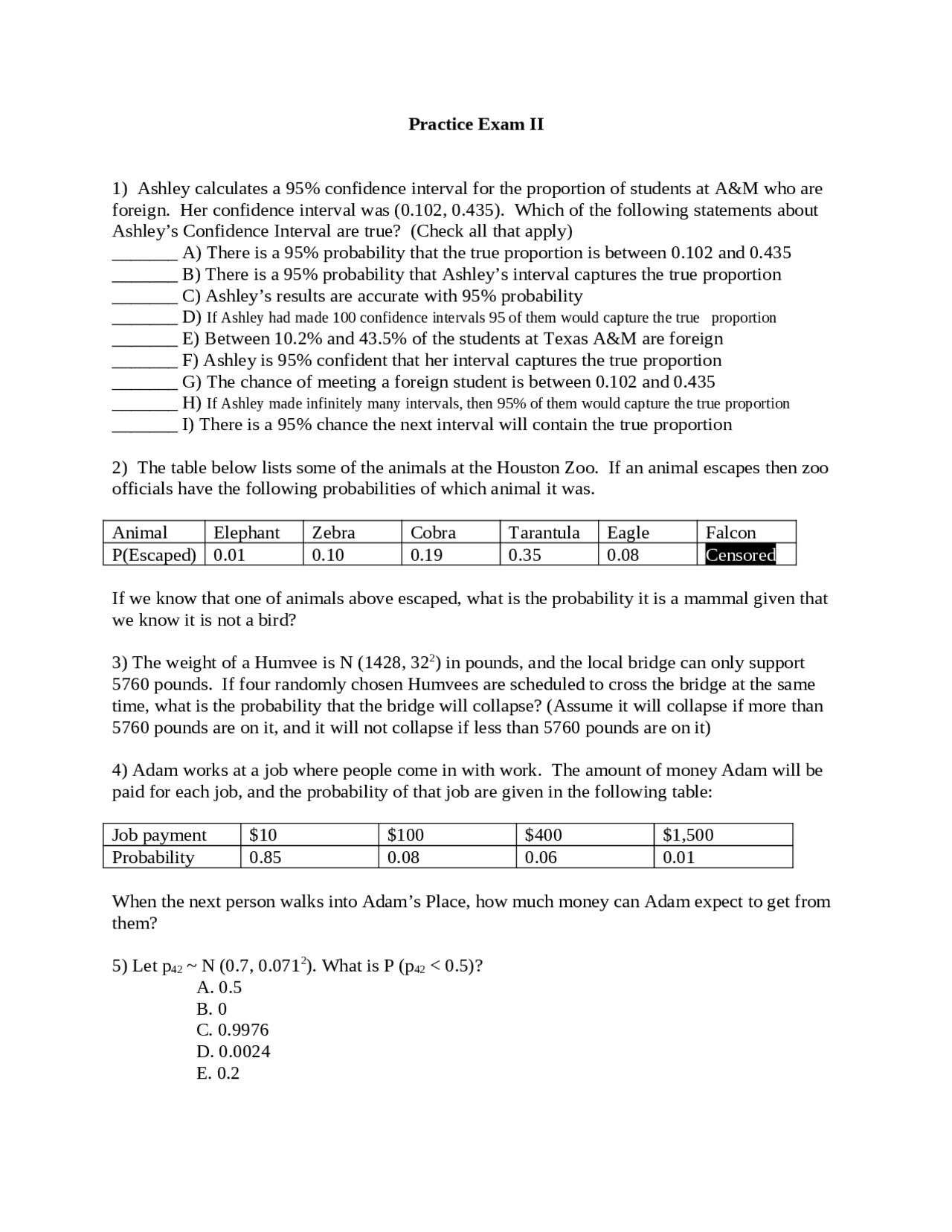 Practice Exam Ii Questions For Statistical Methods Stat 303 Docsity