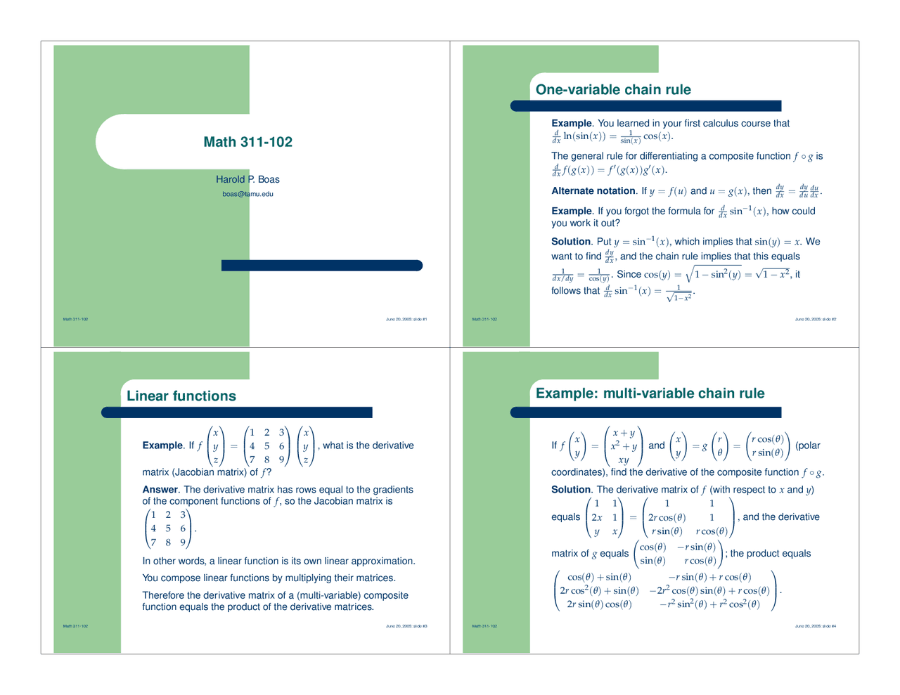 Linear Functions, One Variable Chain Rule - Slides | MATH 311 - Docsity