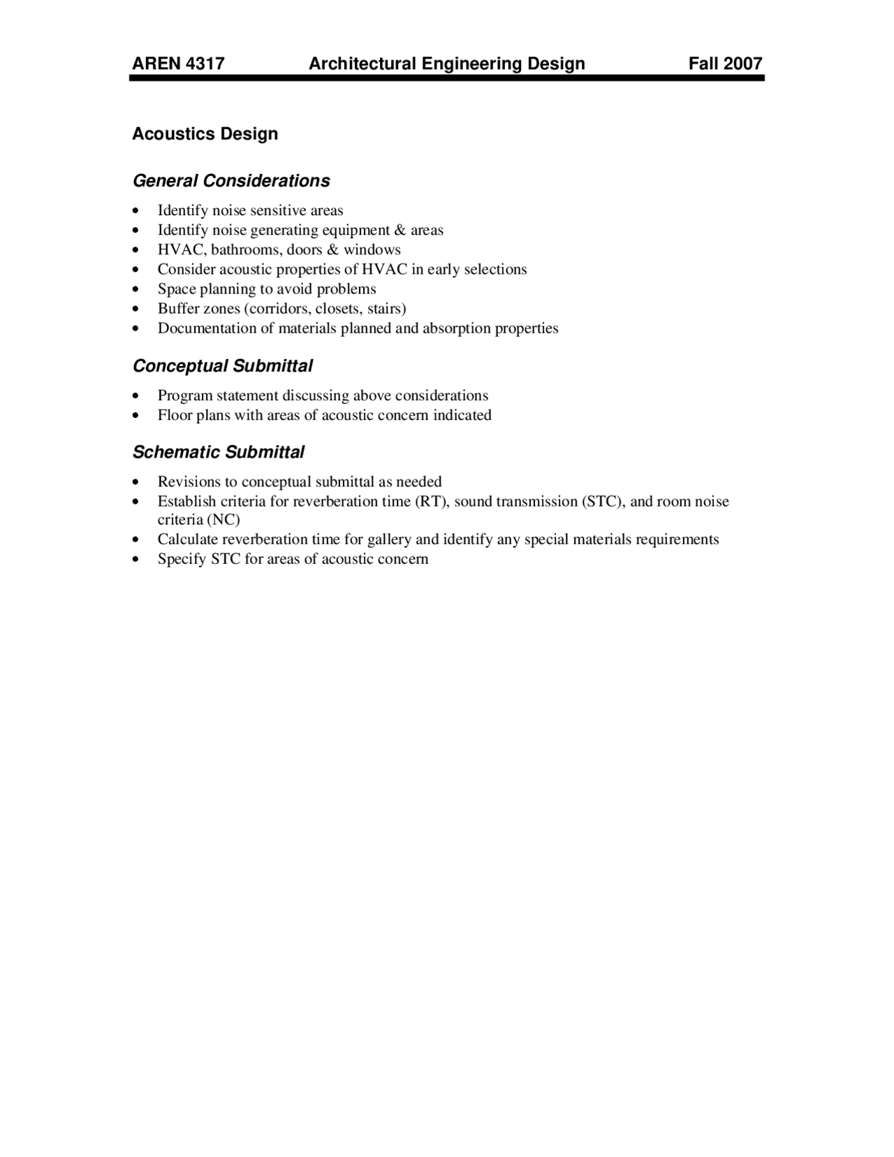 Acoustics Design Architectural Engineering Design Assignment I