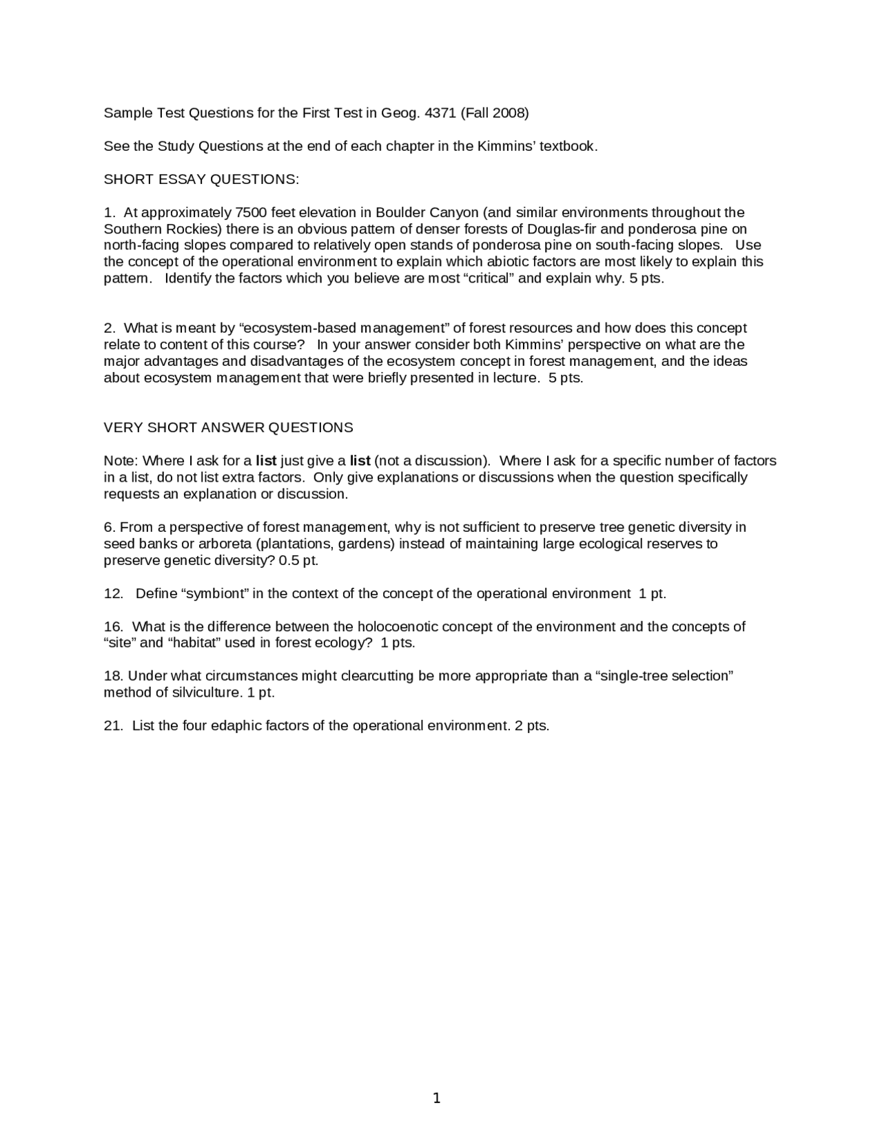 Sample Questions for Exam 1 - Forest Geography: Principles and Dynamics ...