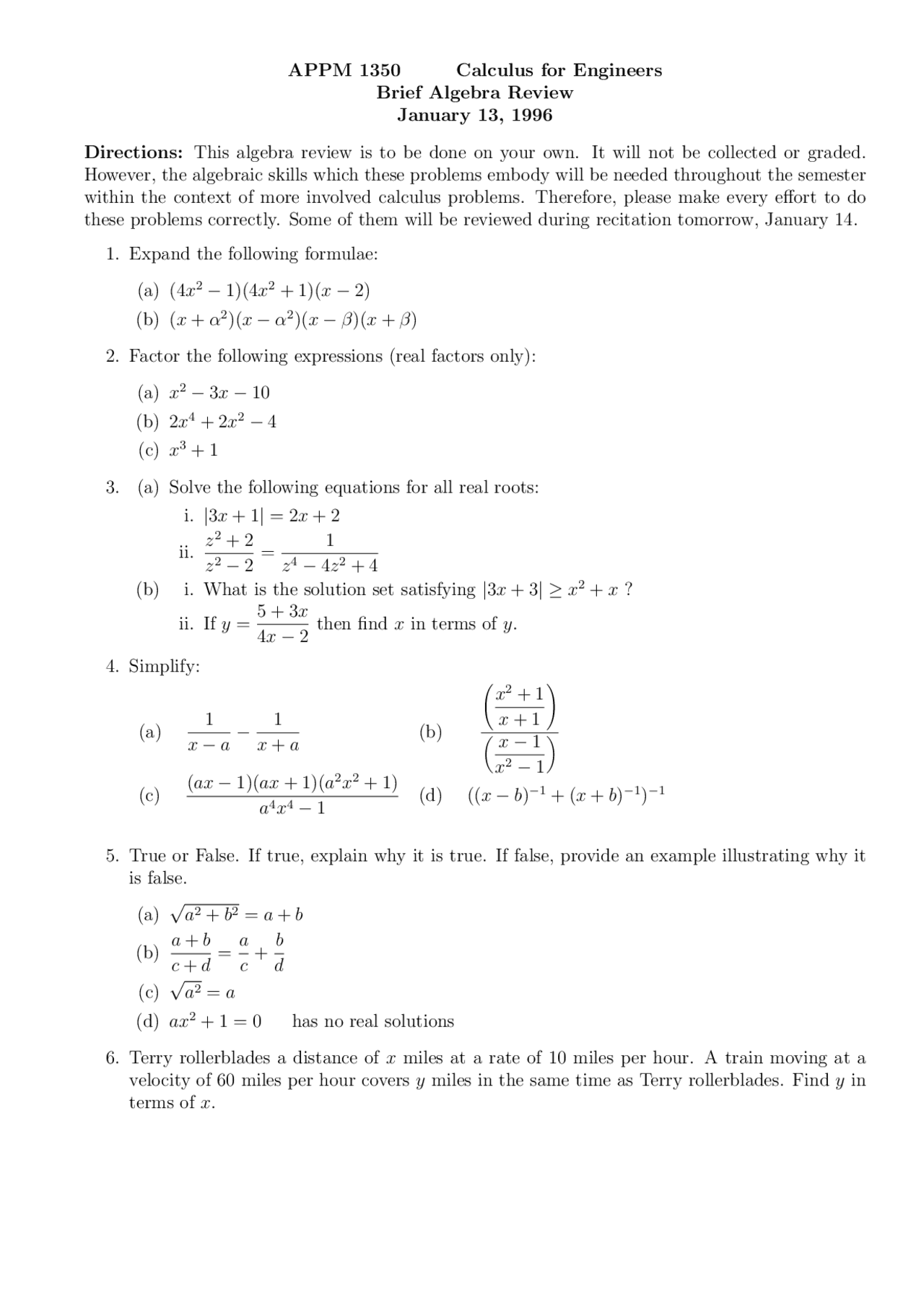 Brief Algebra Review Calculus 1 For Engineers Appm 1350 Docsity