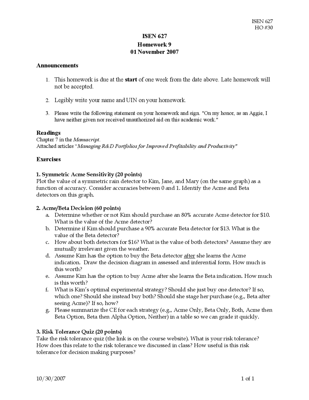Homework 9 Engineering Analysis For Decision Making Isen 627 Docsity