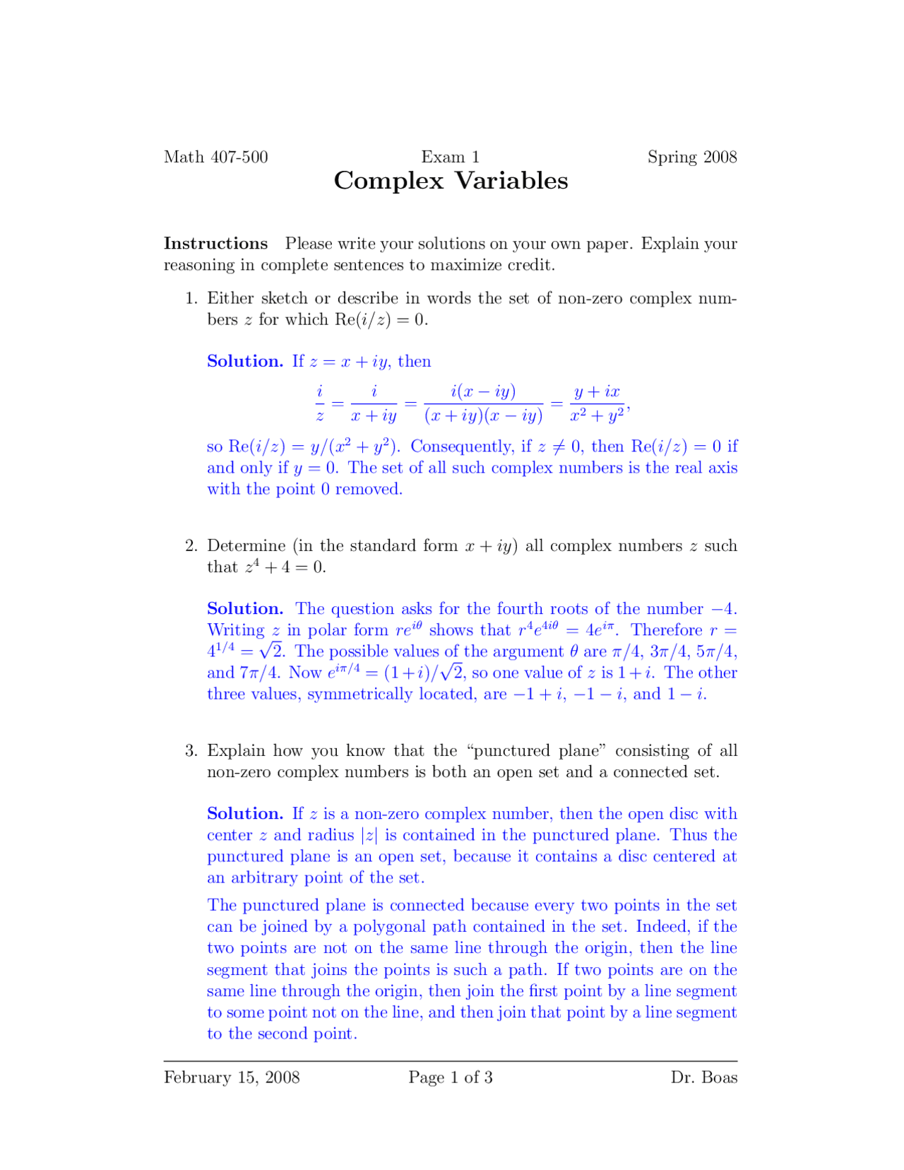 Exam 1 Solved Complex Variables Math 407 Exams Mathematics Docsity