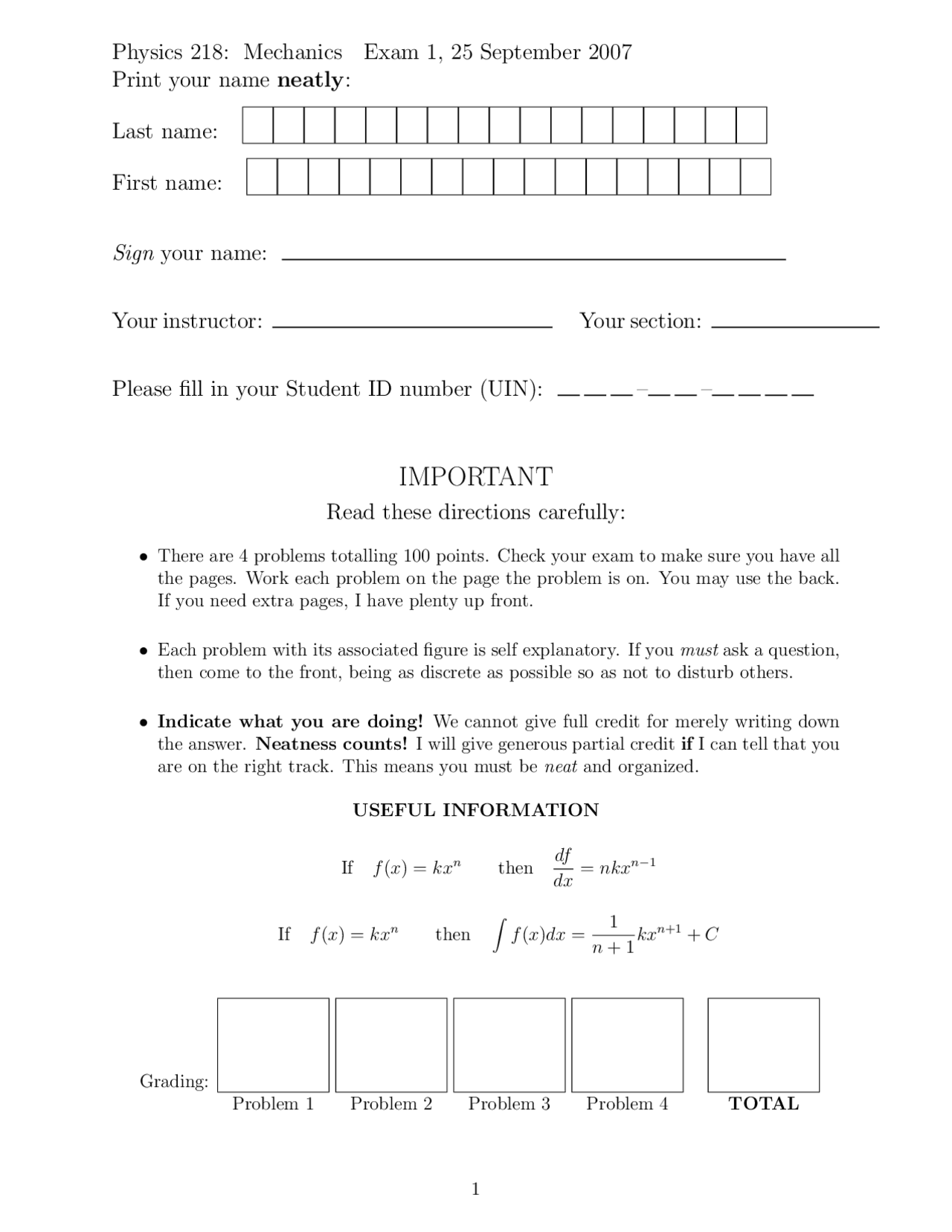 Exam 1 Unsolved Questions | Mechanics | PHYS 218 - Docsity