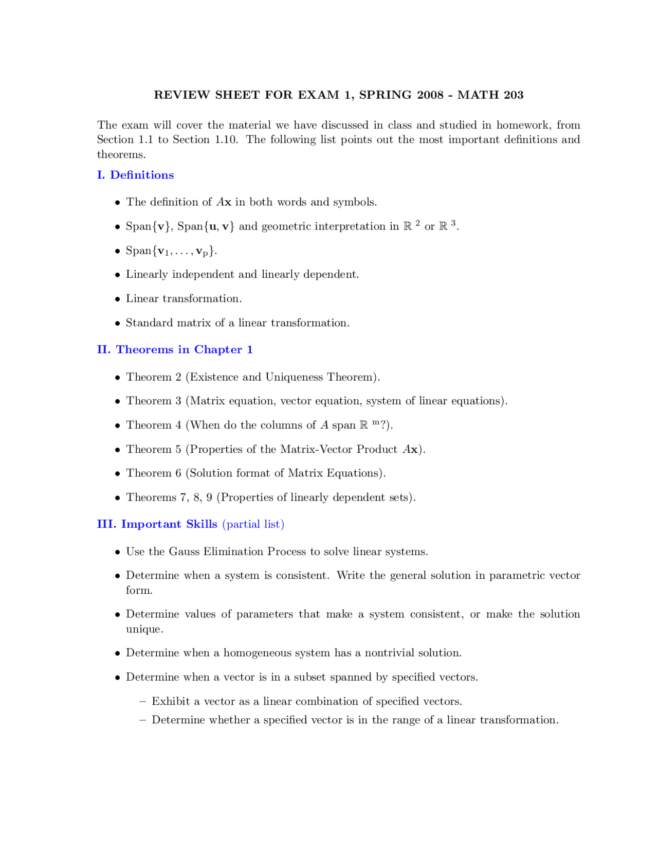 Theorems And Applications Exam Review Linear Algebra Math 203 Docsity
