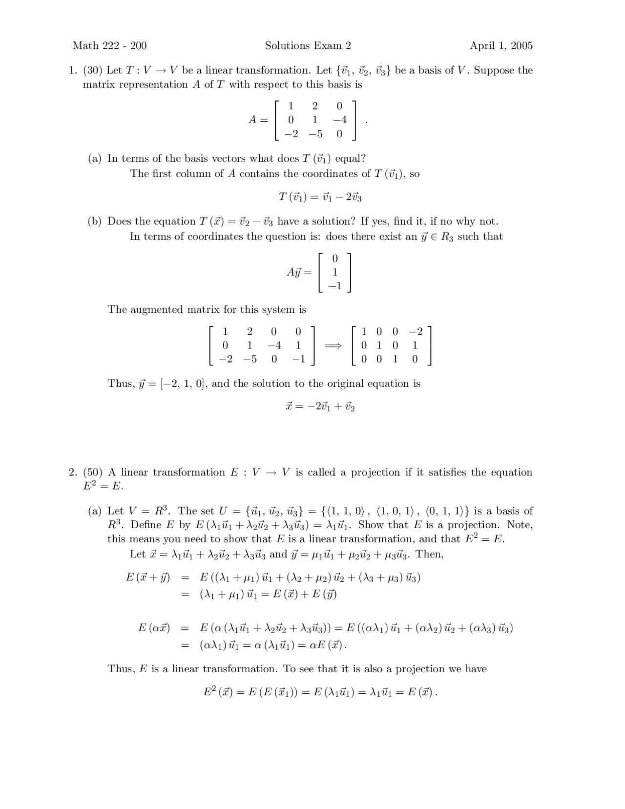 Linear Transformations Exam Solutions - Math 222 - Prof. Michael Stecher | Exams Mathematics ...