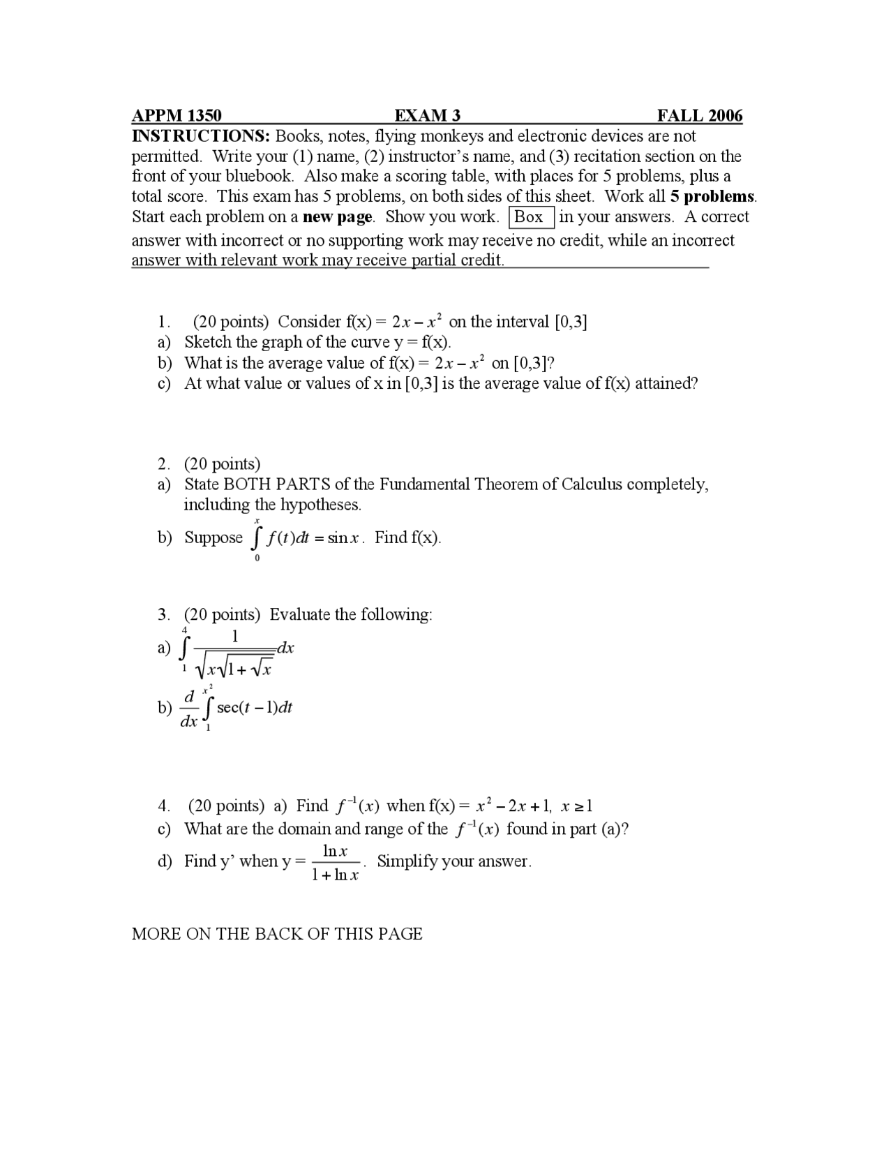 Practice Exam 3 Fall 2006 Calculus 1 For Engineers Appm 1350