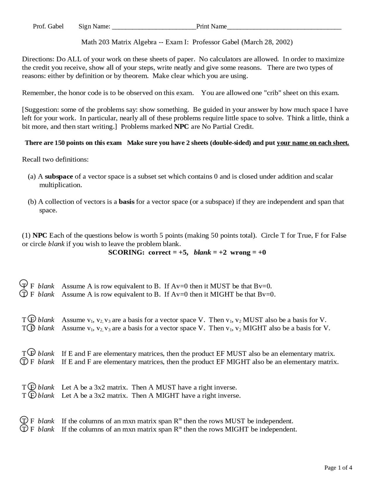 Exam 1 Solved Linear Algebra Math 203 Docsity