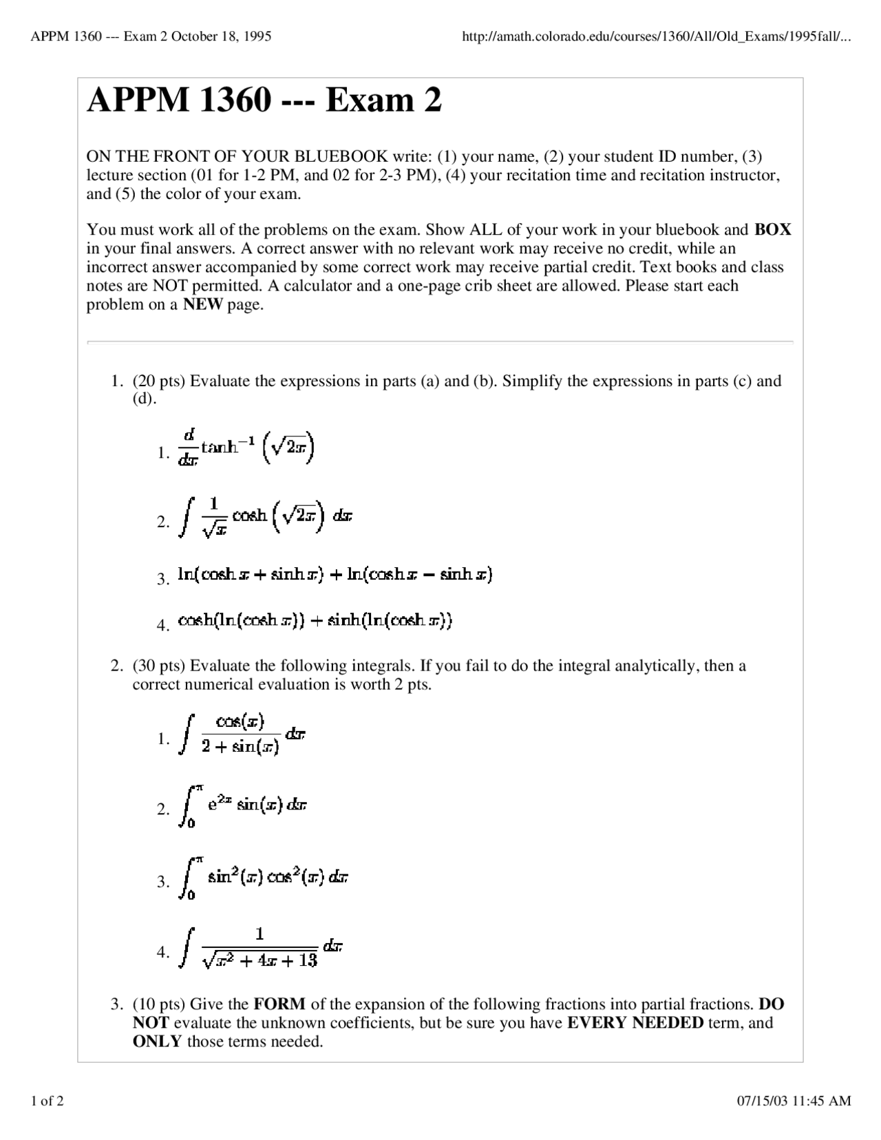 5 Problems On Calculus 1 For Engineers Practice Exam 2 Appm 1360