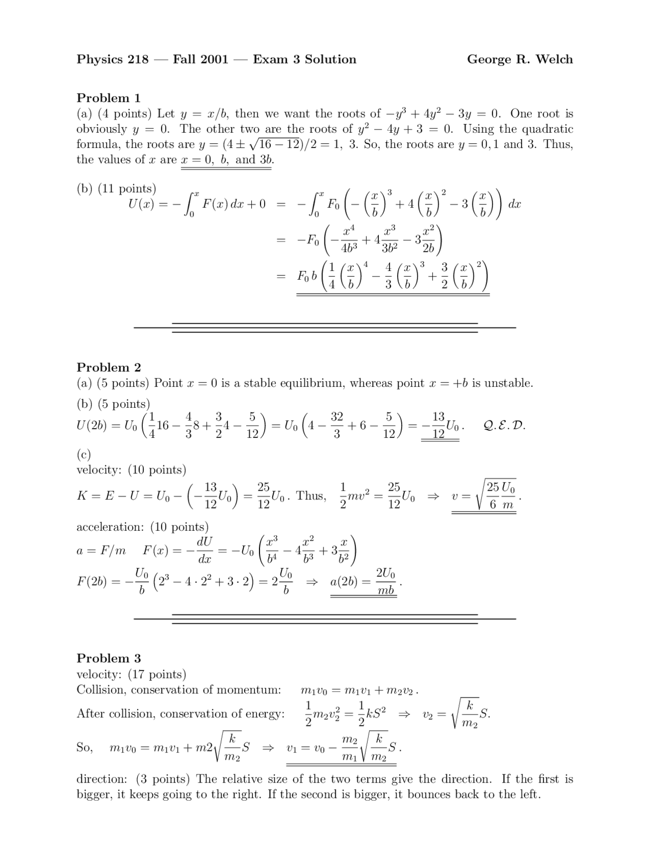 5 Problems on Mechanics - Exam 3 Spring 2001 | PHYS 218 - Docsity