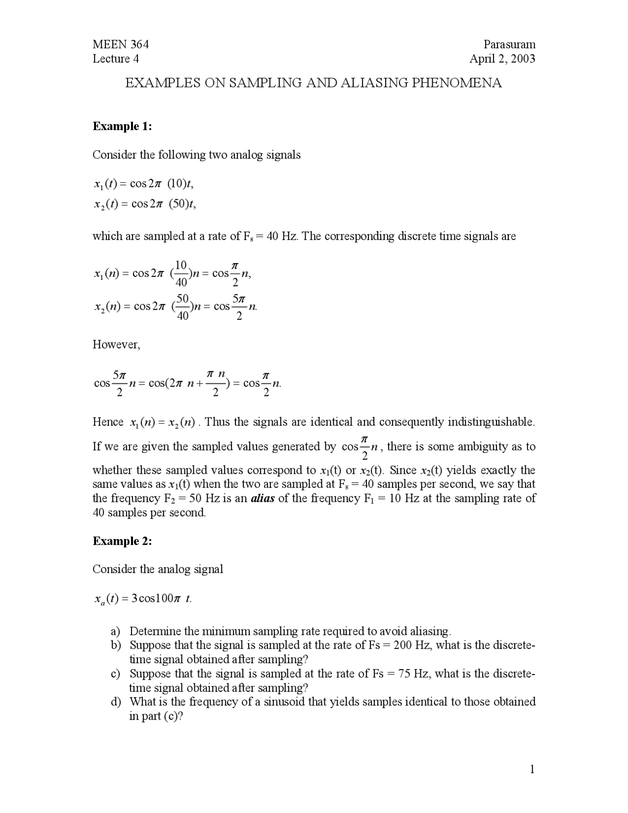 Examples on Sampling and Aliasing Phenomena - Dynamic System, Control | MEEN 364 - Docsity