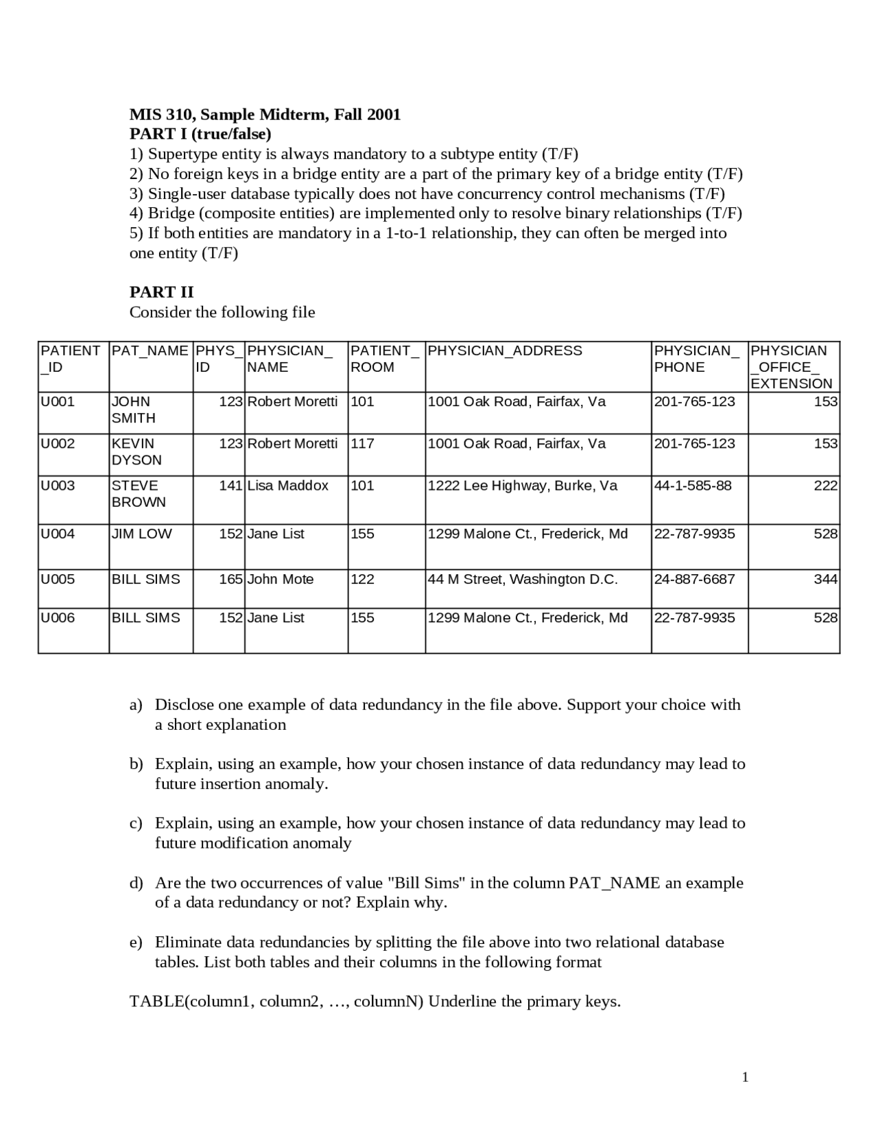 4 Questions For Database Management Systems Midterm Exam Mis 310 Docsity