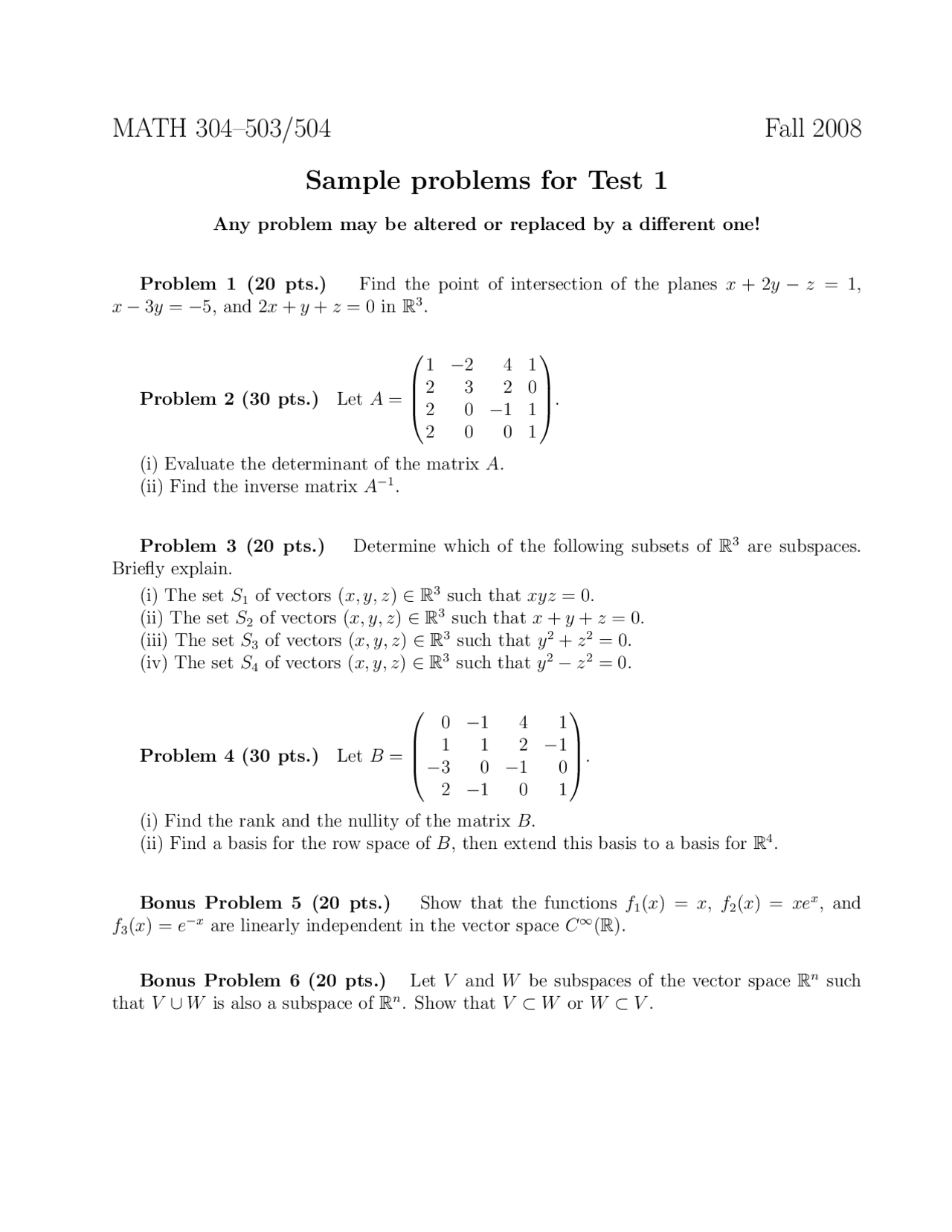 6 Problems to Determine the Subset of Linear Algebra - Exam 1 | MATH 304 - Docsity