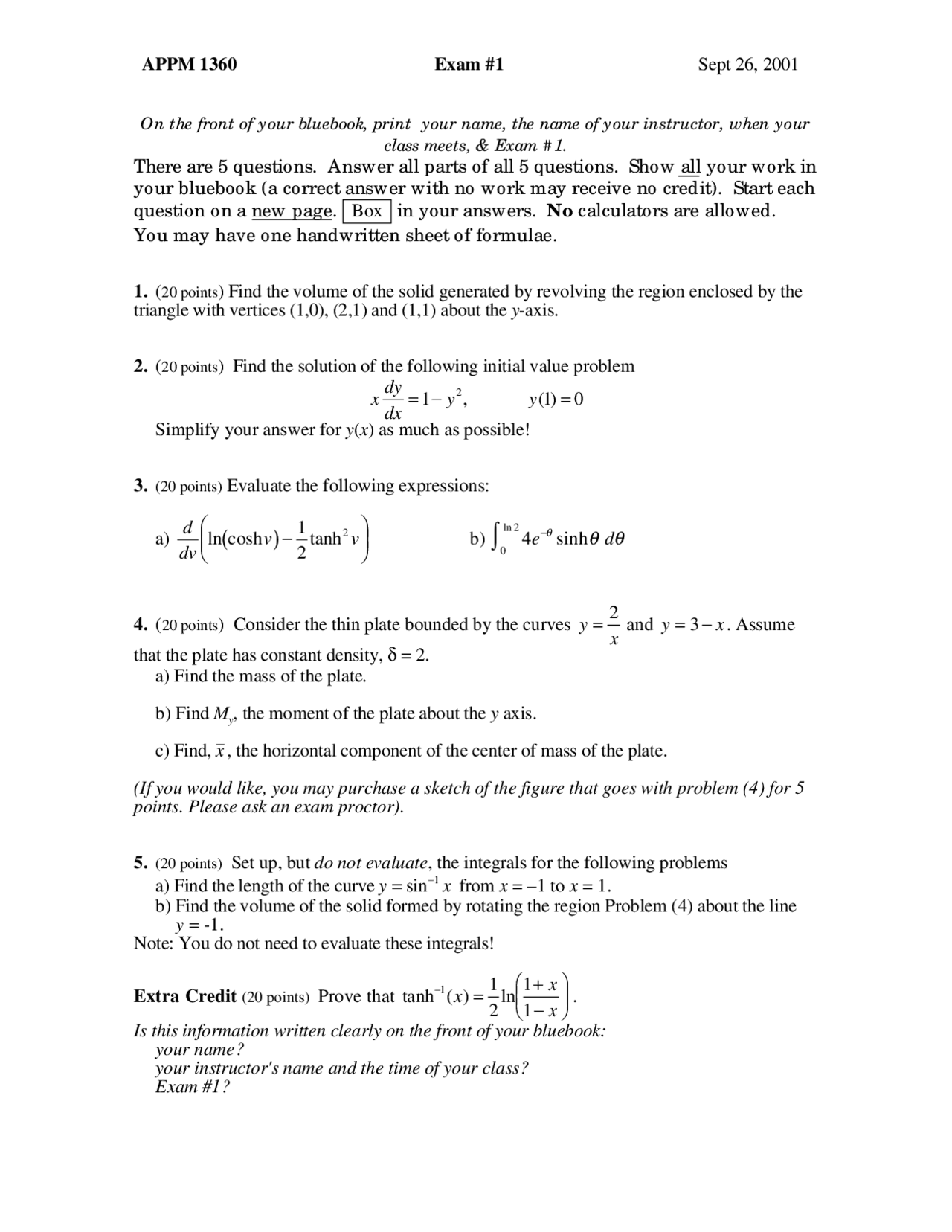 Calculus 1 For Engineers Questions In Exam 1 Appm 1360 Docsity