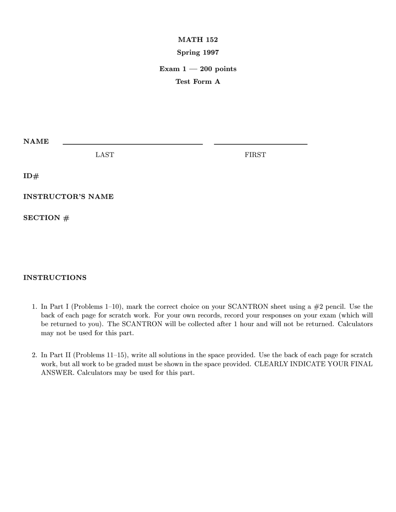 15 Questions On Engineering Mathematics Ii Exam 1 Math 152 Docsity