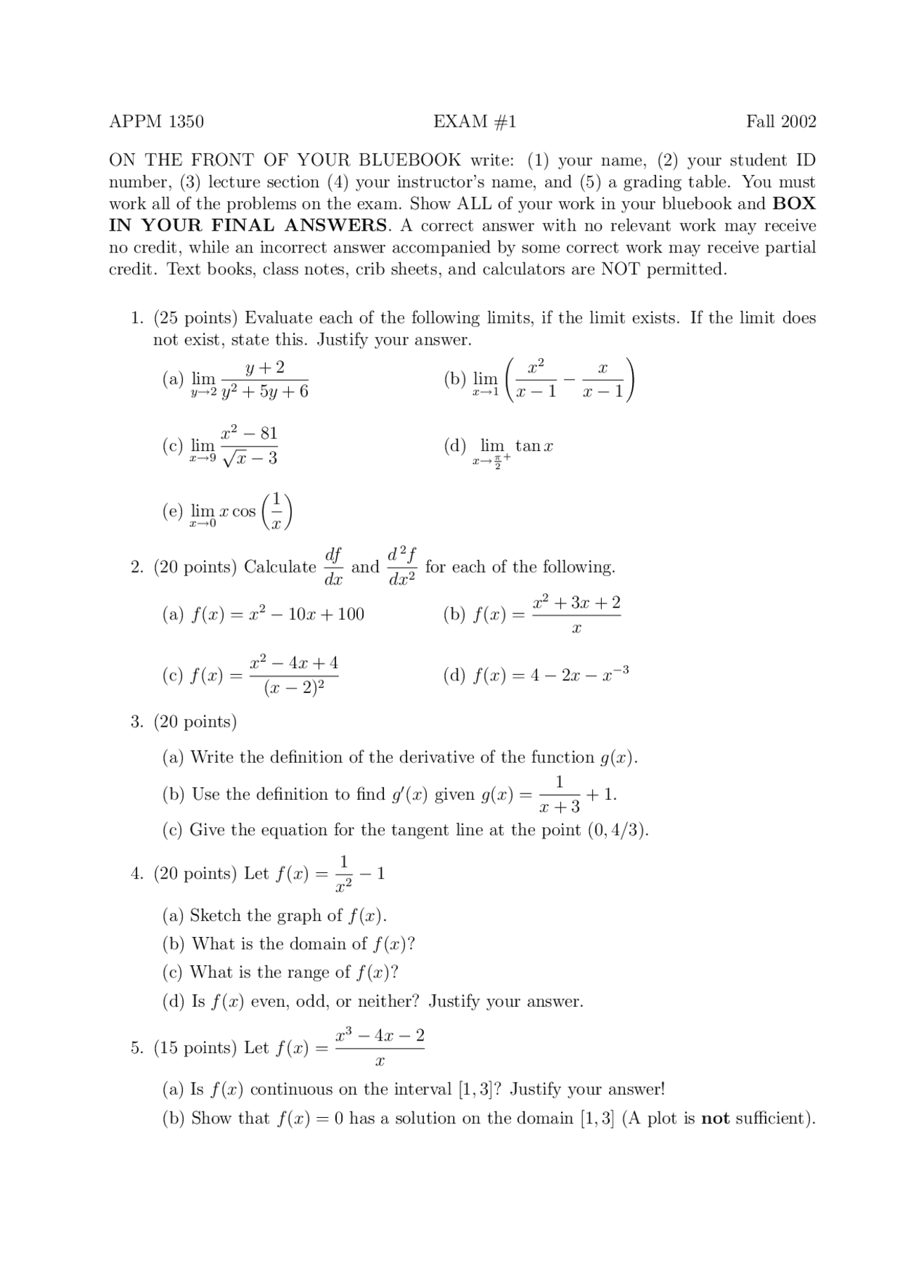 5 Problems In Calculus 1 For Engineers Ola Exam 1 Appm 1350 Docsity