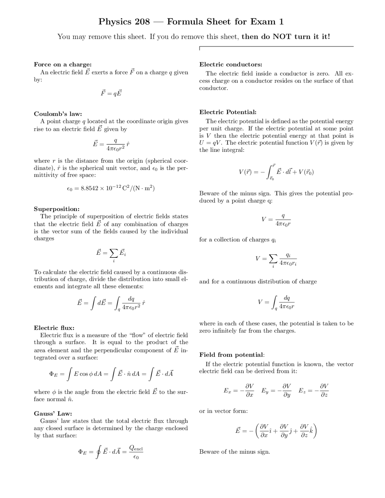 Formula Sheet For Exam 1 Introduction To Electricity And Optics
