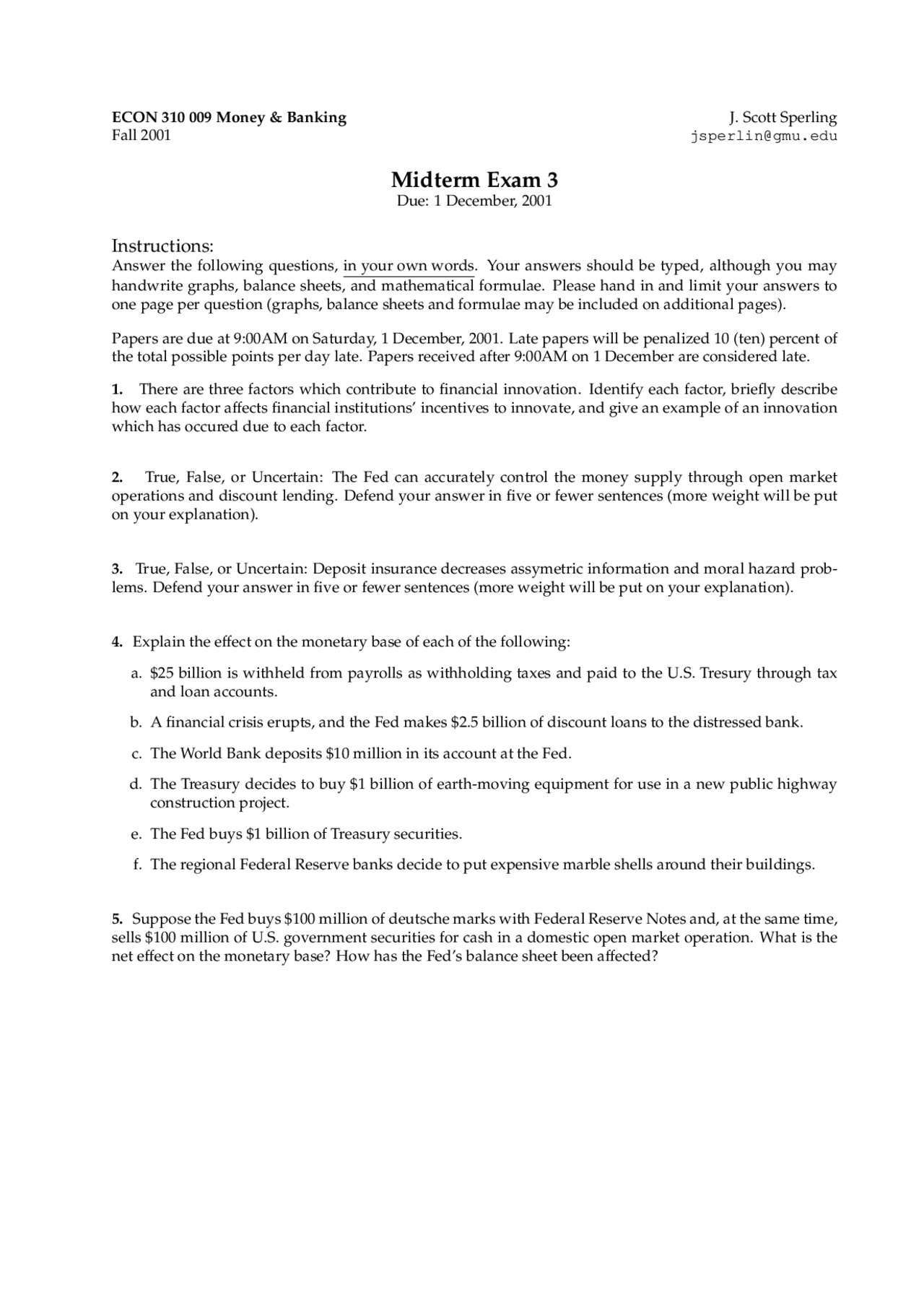 Midterm Exam 3 With Questions On Money And Banking Econ 310 Docsity