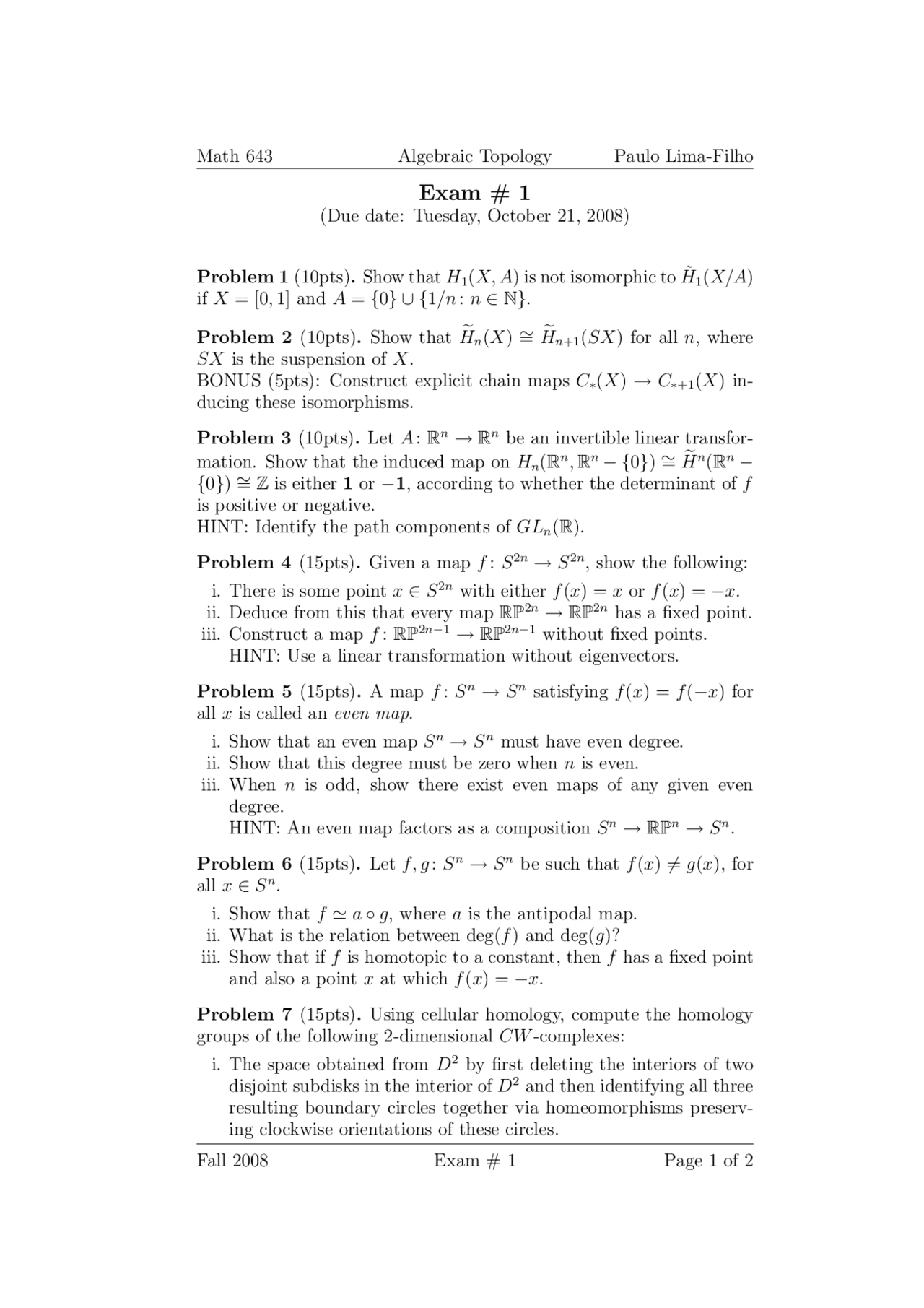 Practice Exam 1 Algebraic Topology I Math 643 Docsity