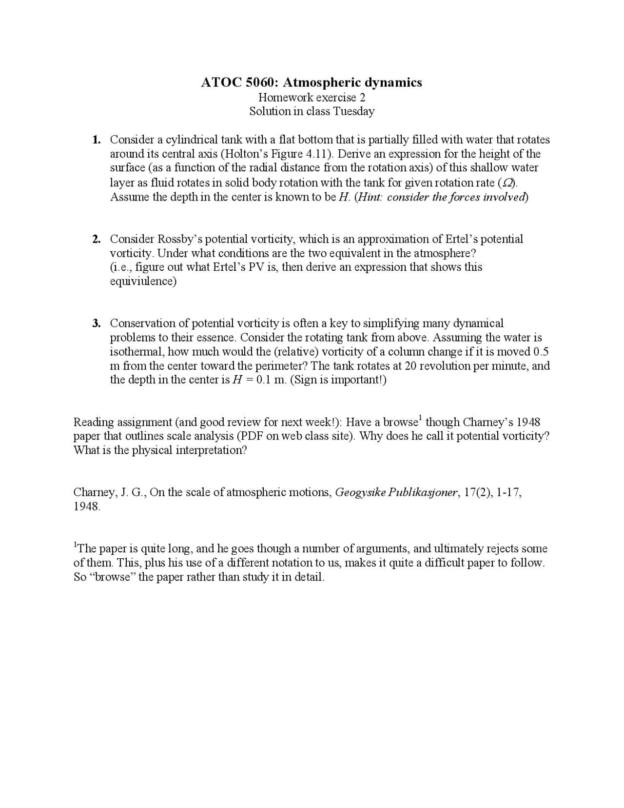Homework Exercise 2 Atmospheric Dynamics Atoc 5060 Docsity