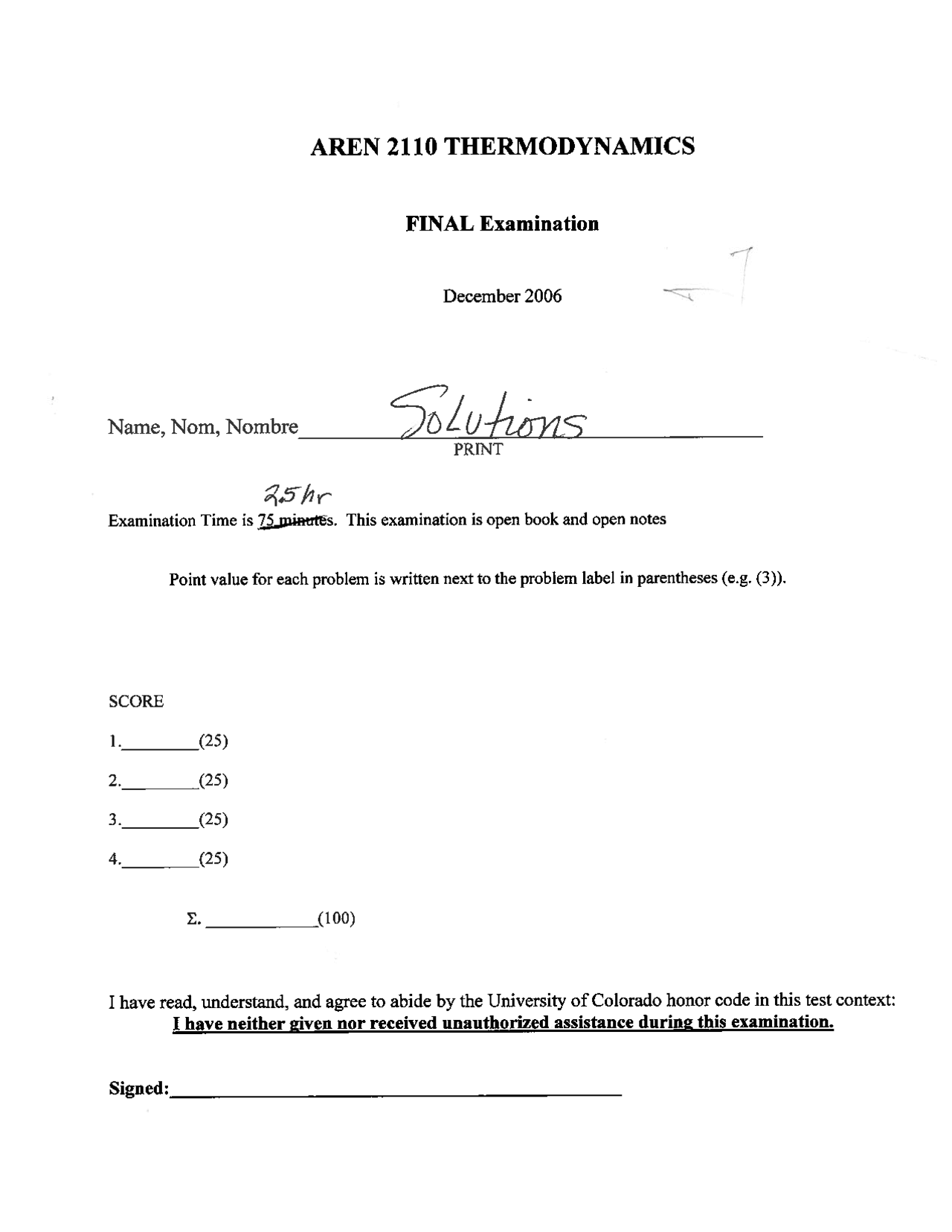 Final Exam Questions With Solutions Thermodynamics Aren 2110 Docsity