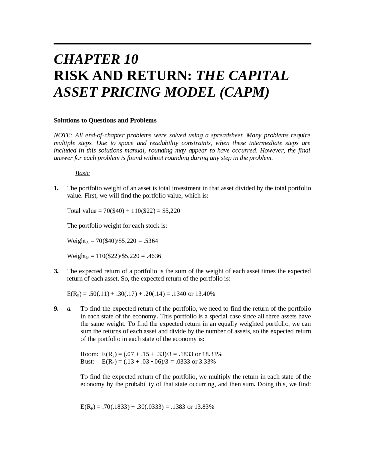 Questions On Risk And Return The Capital Asset Pricing Model Mbac