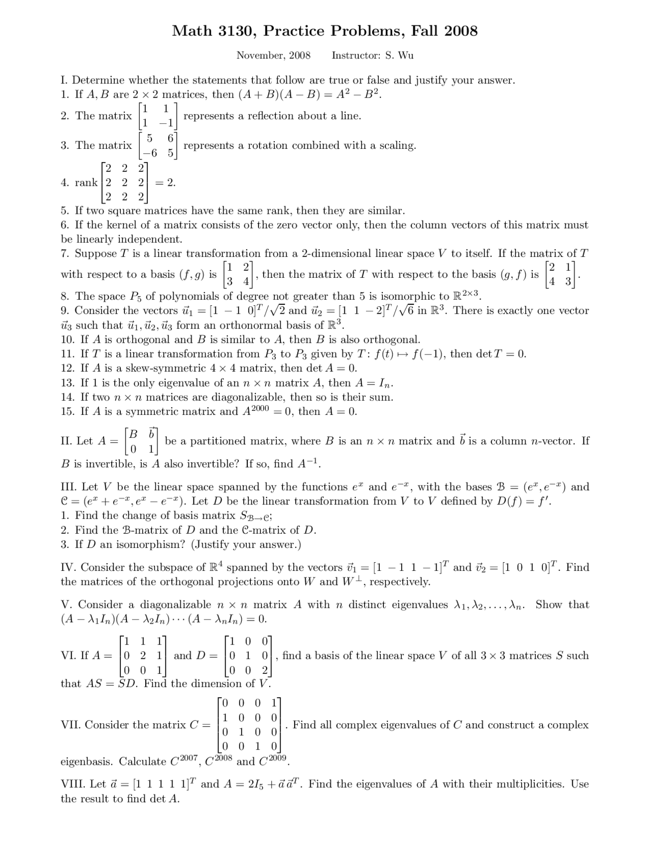 Practice Problems on Introduction to Linear Algebra - Fall 2008 | MATH ...