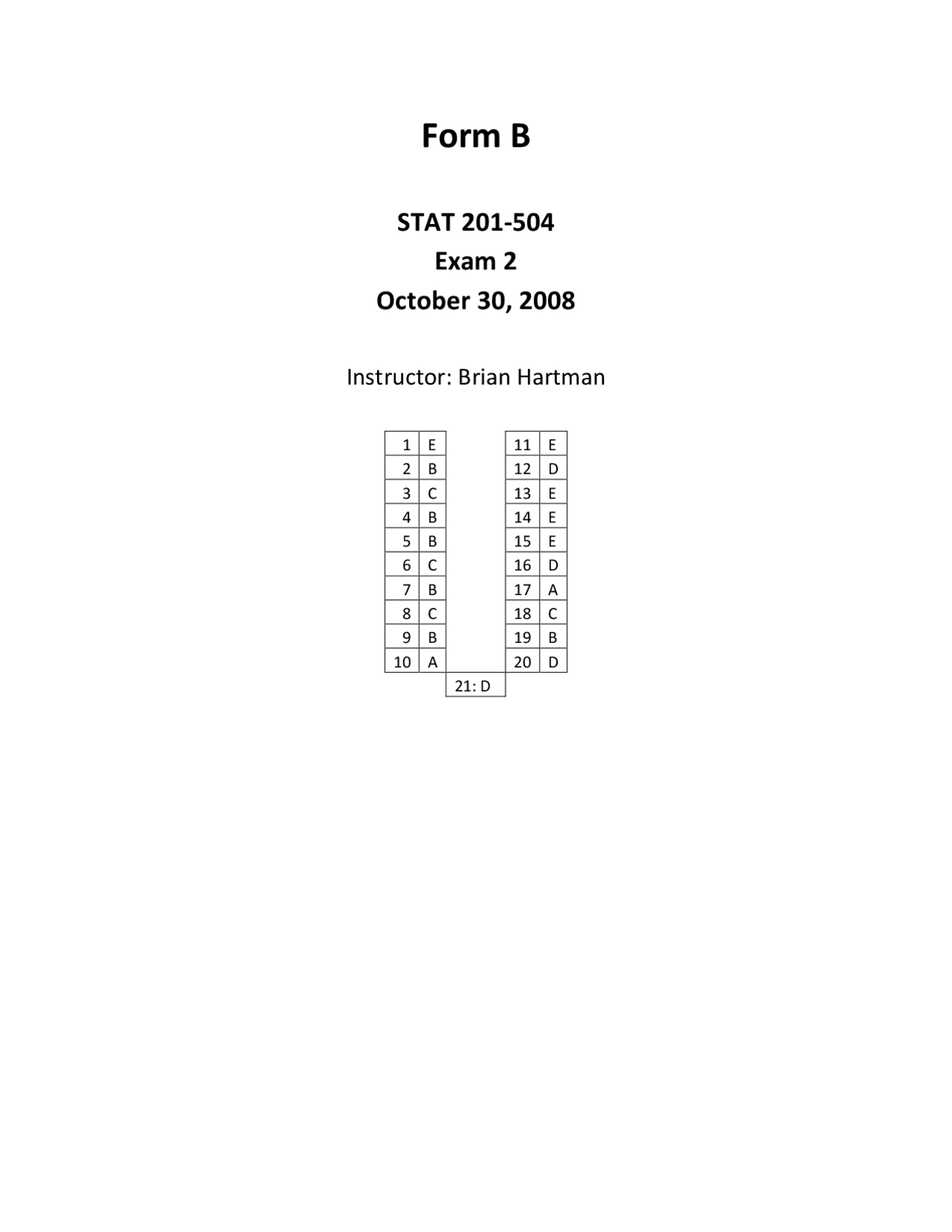 Exam 2 Form B Elements Of Statistics Inference Stat 201 Docsity