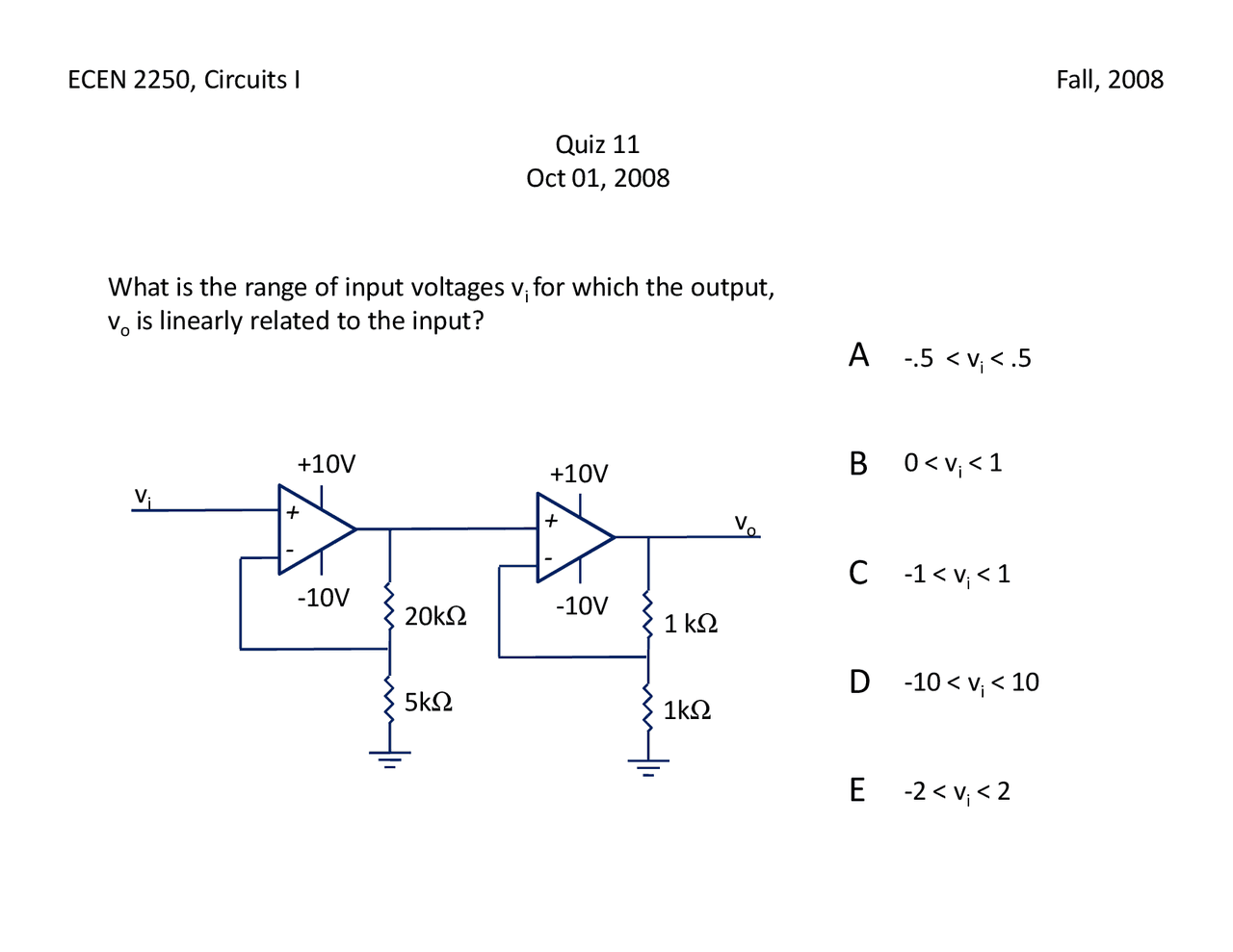 Introduction to Circuits and Electronics - Quiz 11 - Fall 2008 | ECEN 2250 | Quizzes Basic ...