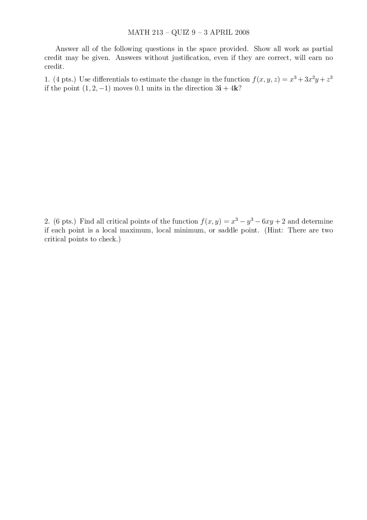 MATH 213 Quiz 9 - April 2008 - Prof. David Walnut | Quizzes Analytical Geometry and Calculus ...