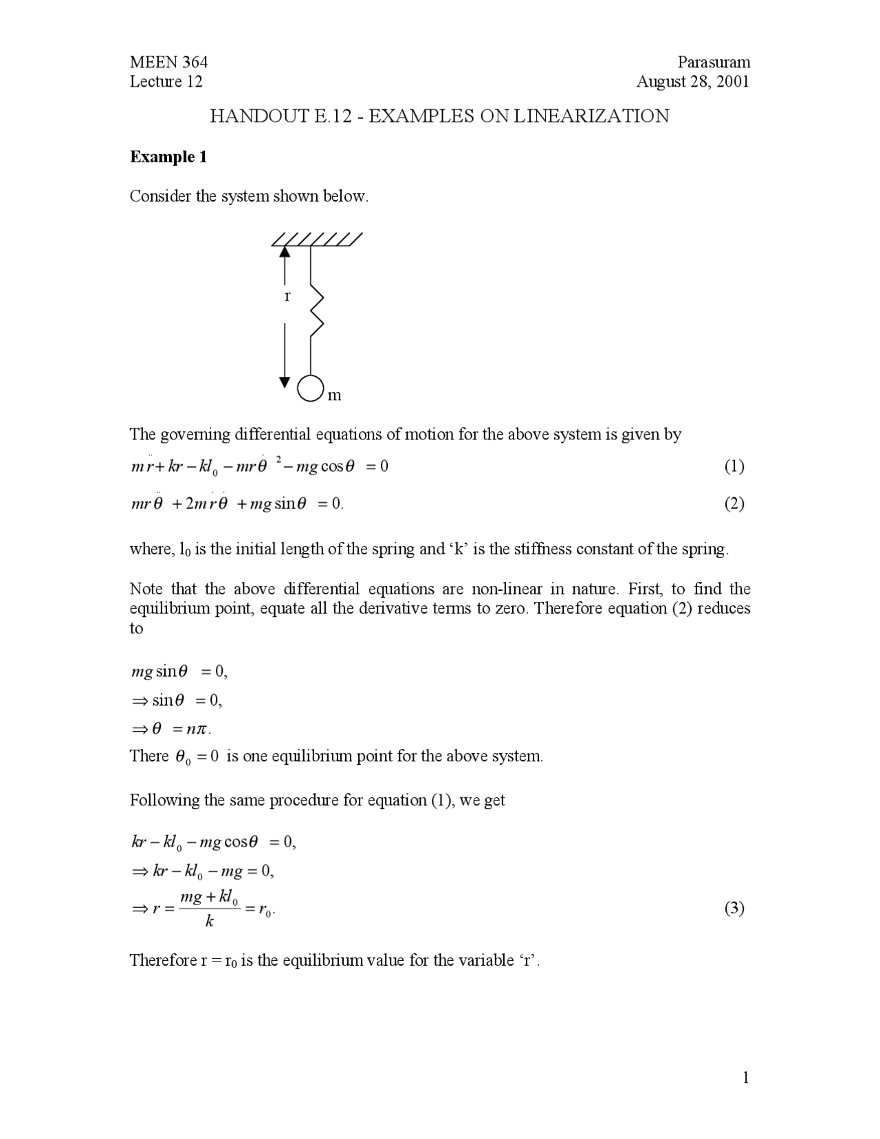 Examples On Linearization Dynamic System And Control Handout Meen