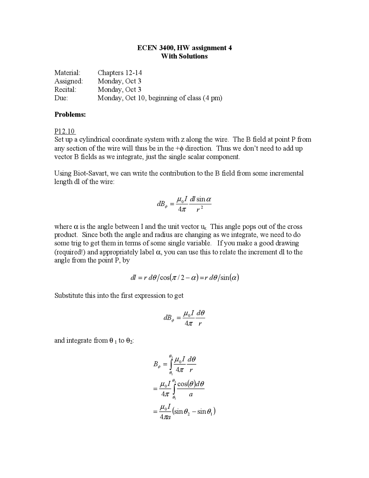 Electromagnetic Fields And Waves Homework 4 Solutions Ecen 3400