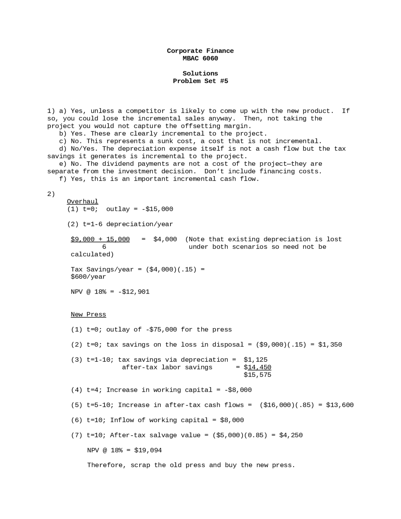 Corporate Finance Solutions To Problem Set 5 Mbac 6060 Docsity