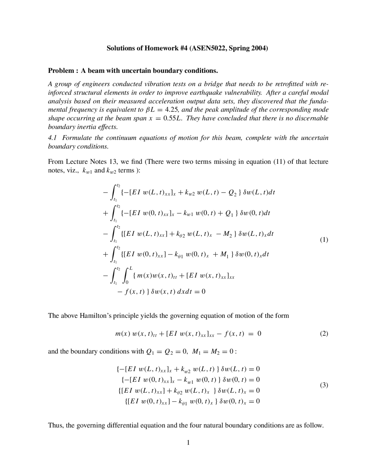Solutions Of Homework 4 A Beam With Uncertain Boundary Conditions