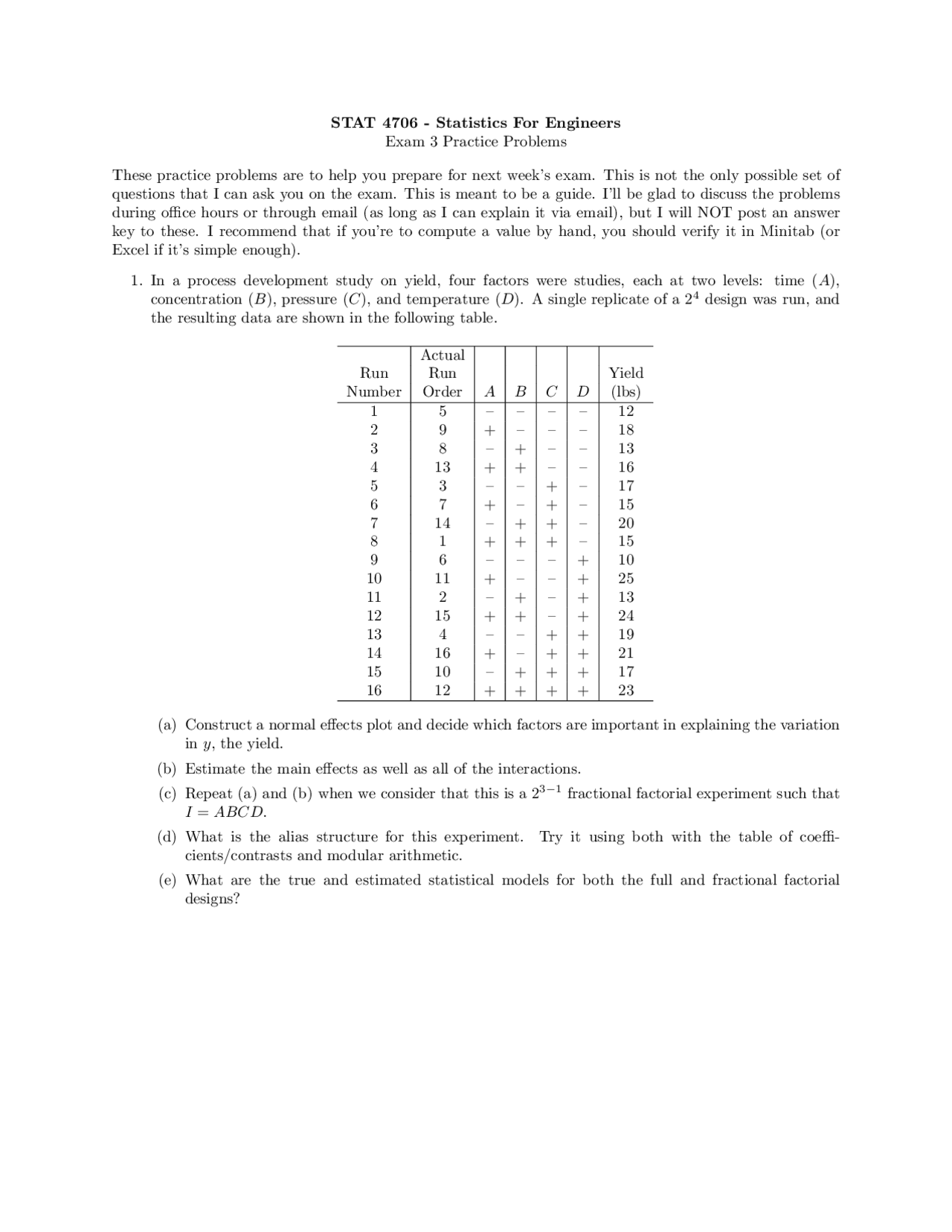 Exam 3 Practice Problems - Statistics for Engineers | STAT 4706 - Docsity