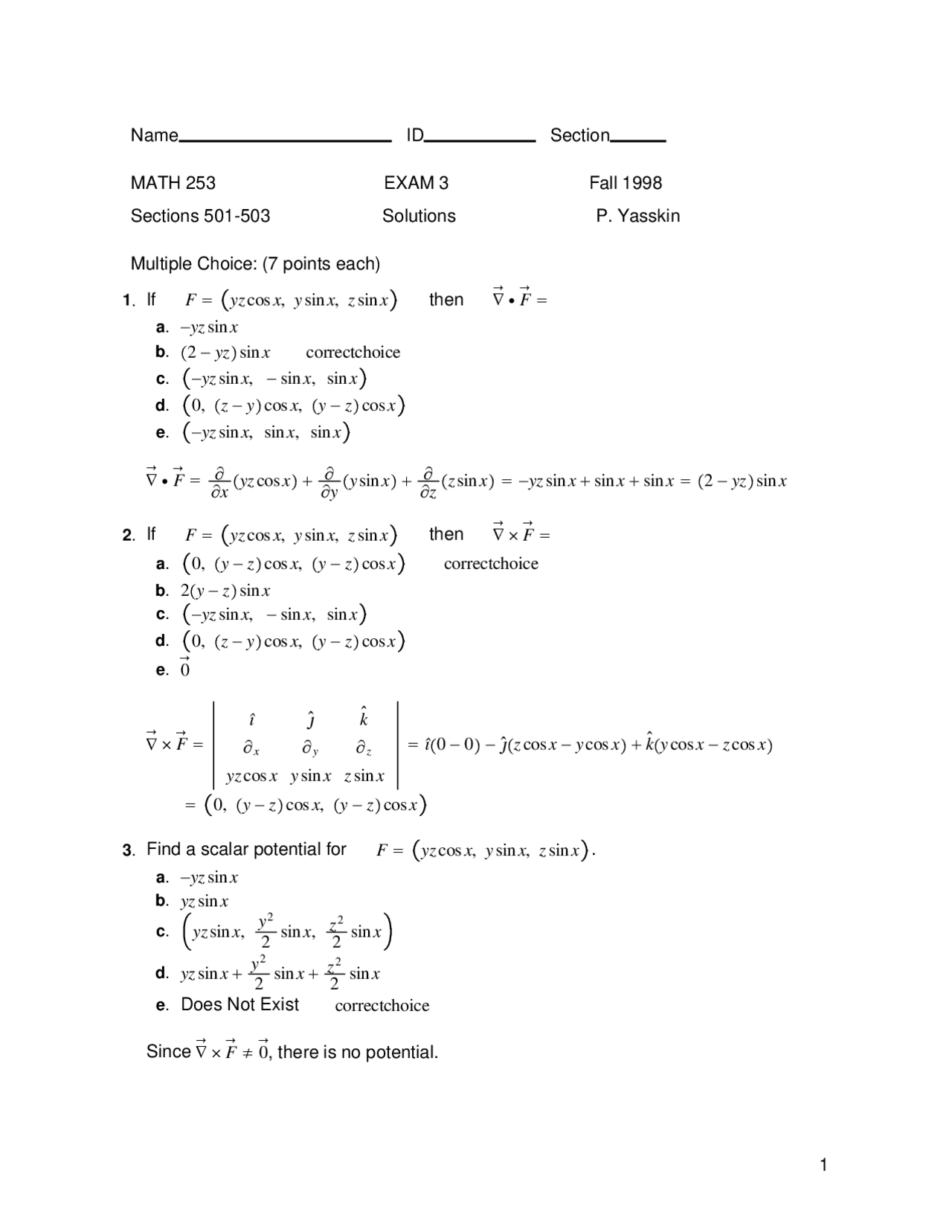 10 Questions Of Engineering Math Iii Exam 3 Math 253 Docsity