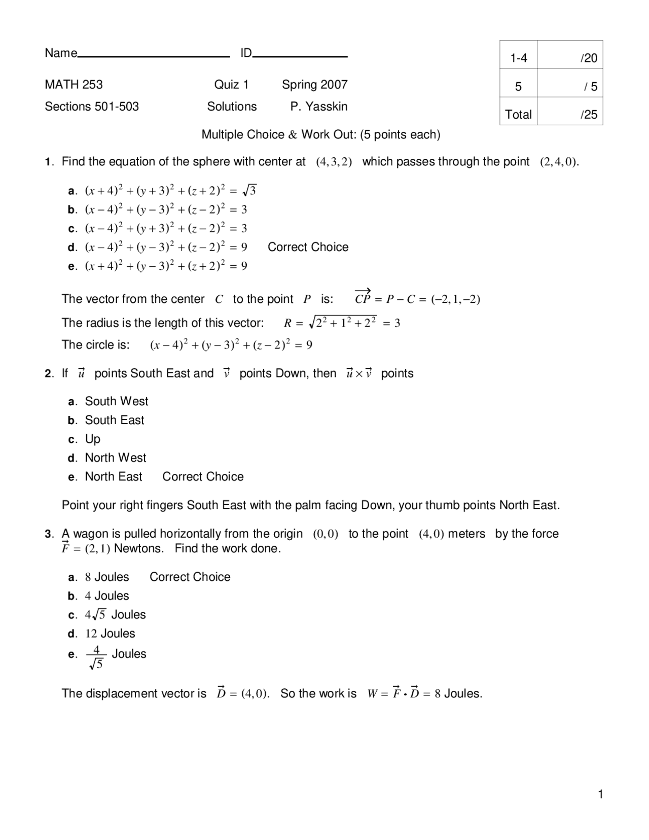 Quiz 1 With Solution Honor Engineering Mathematics I Math 253 Docsity