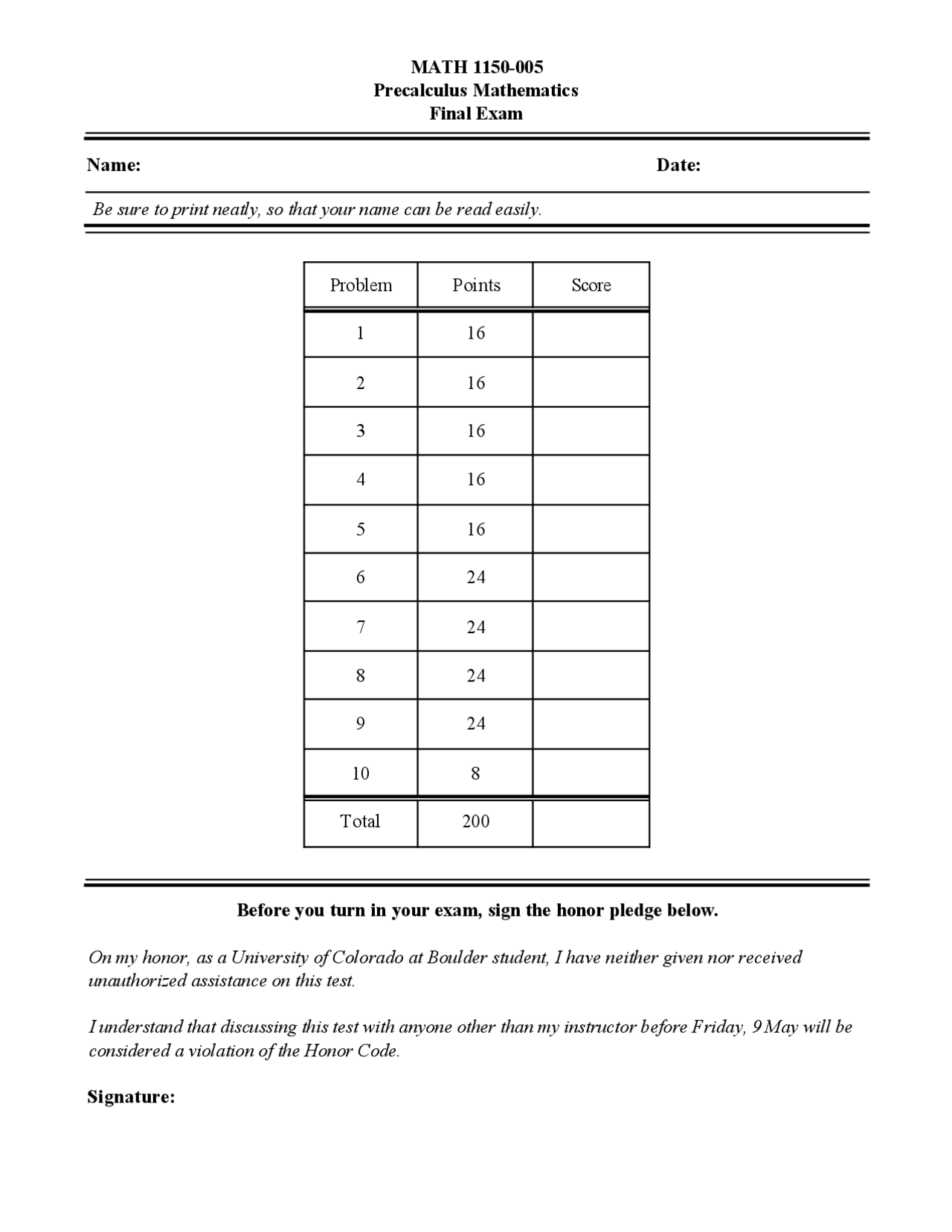 Final Exam Questions Precalculus Mathematics Math 1150 Docsity